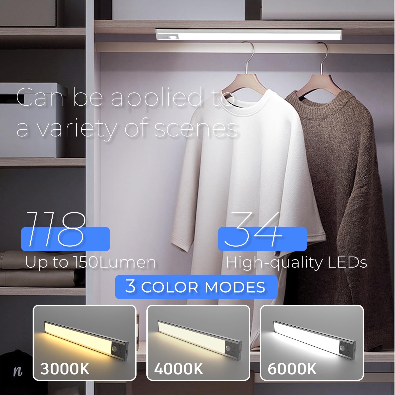 Led Under Cabinet Lights Motion Sensor 3 Colors and Dimmable 34-LEDs Kitchen Under Cabinet Lighting Wireless 1200mAh USB-C 8.46-inch Led Closet Light for Wardrobe, Stairs, Hallway[2 Pack]
