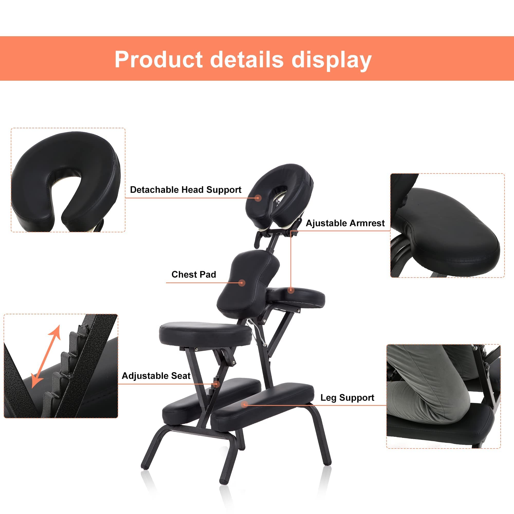 Thick Sponge Portable Foldable Massage Chairs Tattoo Chair Face Cradle Salon Massage Chair Height Adjustable Have SPA Chair Carring Bag Load Capacity 3000LBS,Black
