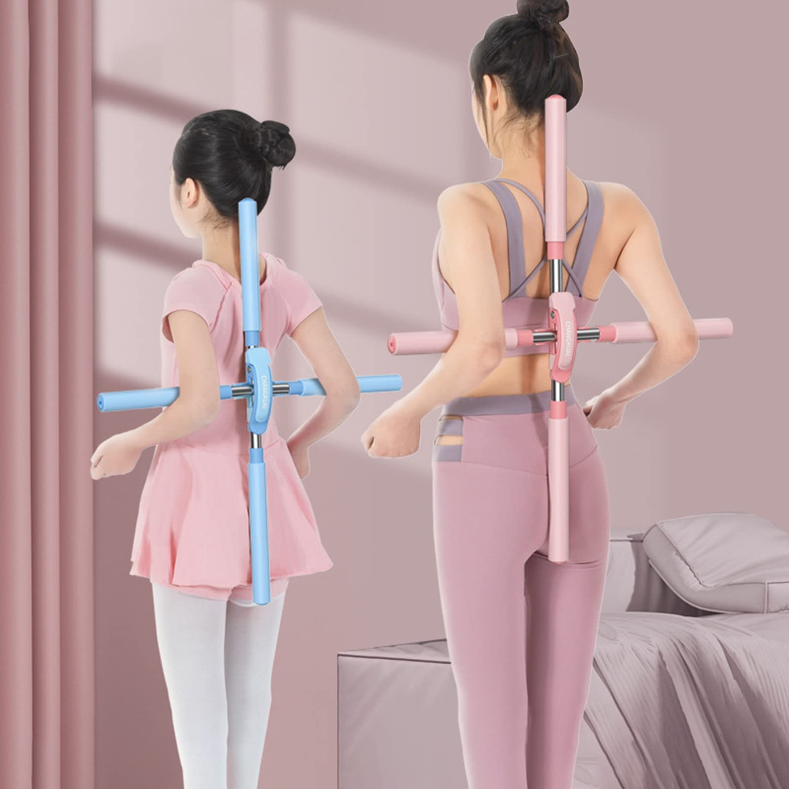 Meideli Yoga Sticks Training for Posture Corrector, Retractable Humpback Correction Stick Open Shoulders & Back, Yoga Sticks Stretching Tool for Child, Teenager, Adults Pink