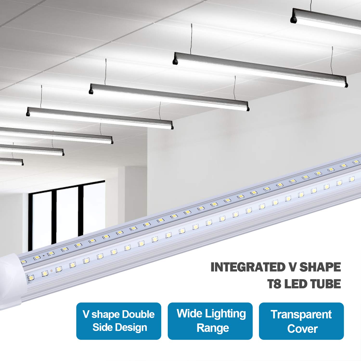 JOMITOP V Shape Integrated LED Tube Light, 8FT 72W (150W Fluorescent Equivalent), Works Without T8 Ballast, Plug and Play, Clear Lens Cover, Cold White 6000K Pack of 4