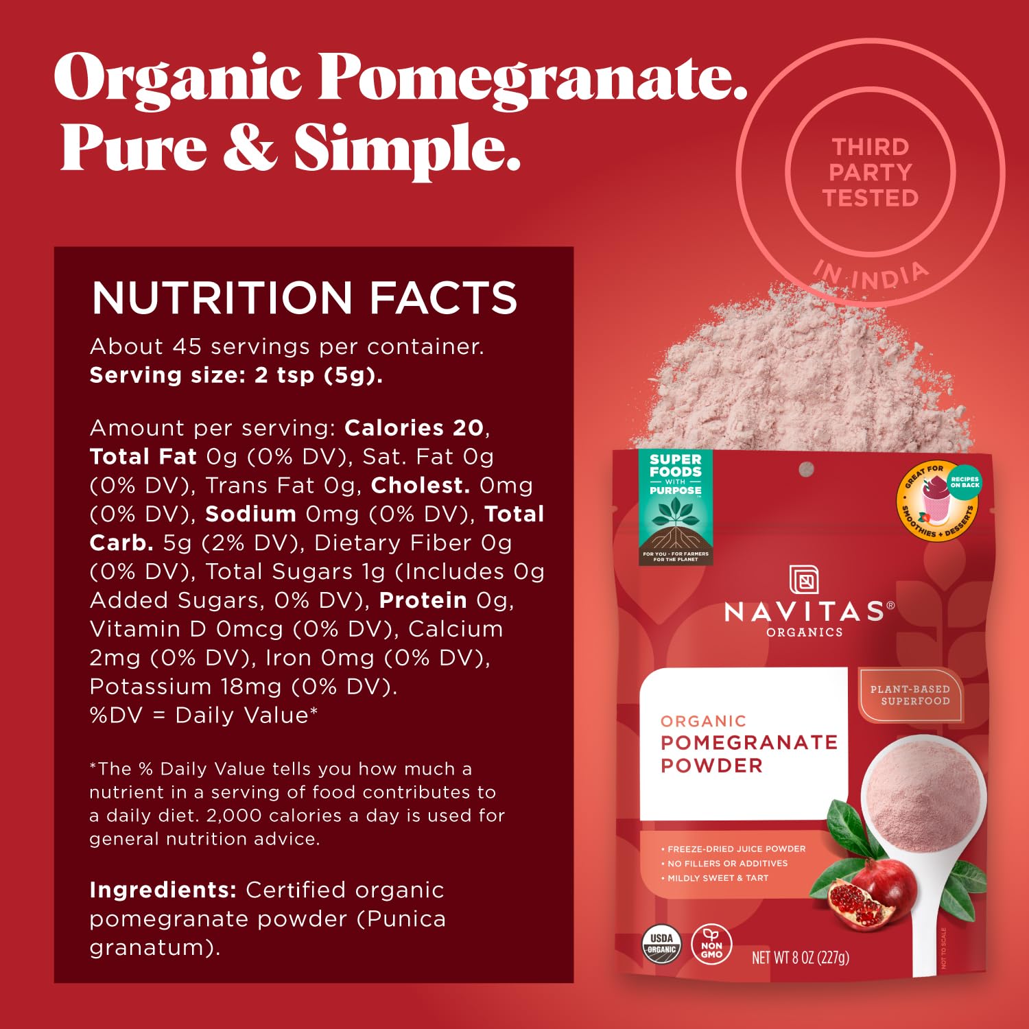 Navitas Organics Pomegranate Powder, 8oz. Bag, 45 Servings โ Organic, Non-GMO, Freeze-Dried, Gluten-Free