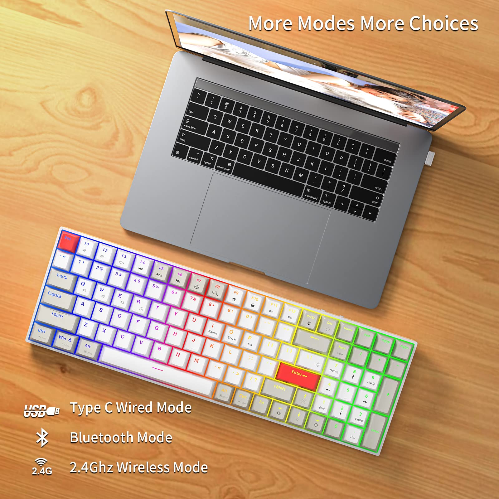Newmen GM1000 Wireless Mechanical Gaming Keyboard,Bluetooth 5.0/2.4GHz/USB-C Hot Swappable Custom Keyboard,RGB Backlit Mechanical Keyboard for with Number Pad for Mac/Win(Gateron Blue Switches)
