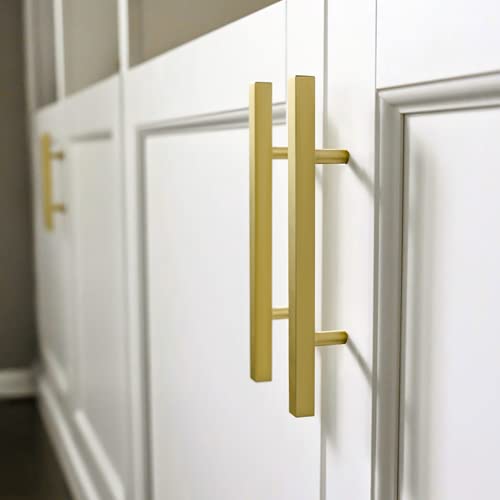 OYX 10 Pack 5 Inch Brushed Brass Cabinet Pulls Gold Cabinet Handles,Gold Pulls for Kitchen Cabinet Hardware Stainless Steel Brushed Brass Drawer Pulls,5" Hole Center