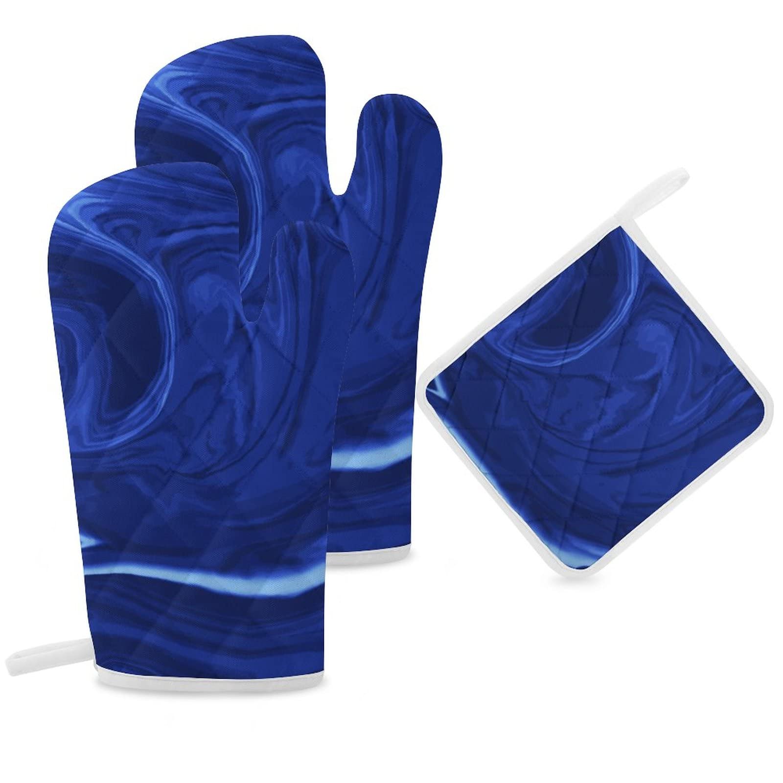 Navy Stone Cobalt Blue Talisman Oven Mitts and Pot Holders Sets of 3,Kitchen Gift Heat Resistant Non Slip Hot Pads & Oven Mitts Set for Cooking BBQ Grilling Baking
