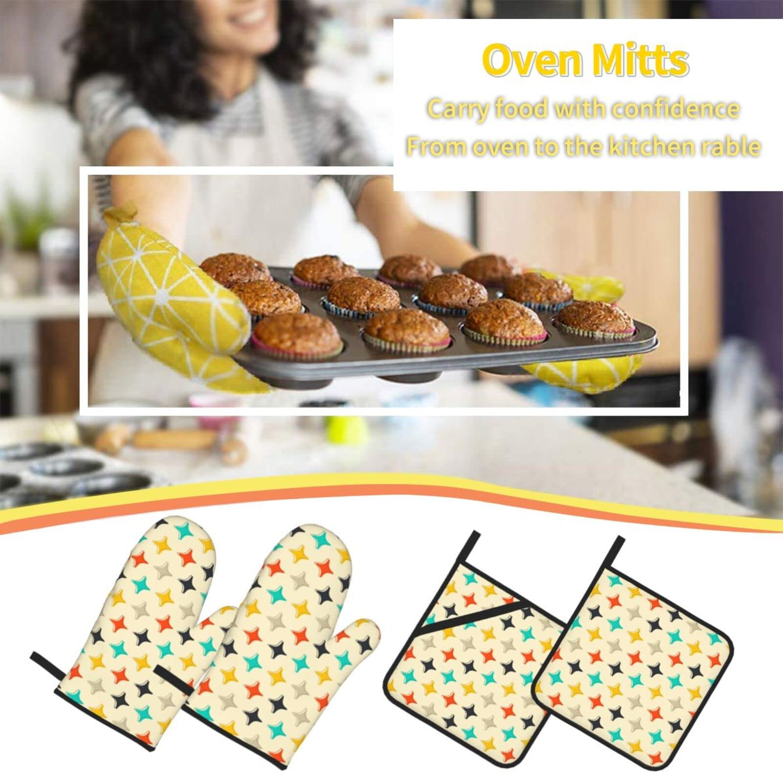 Modern Atomic Stars Retro Colors Oven Mitts and Pot Holders 4pcs Sets,Funny Kitchen High Heat Resistant Oven Mitts,with Oven Gloves and Hot Pads Pot Holders for Baking Cooking BBQ Grilling