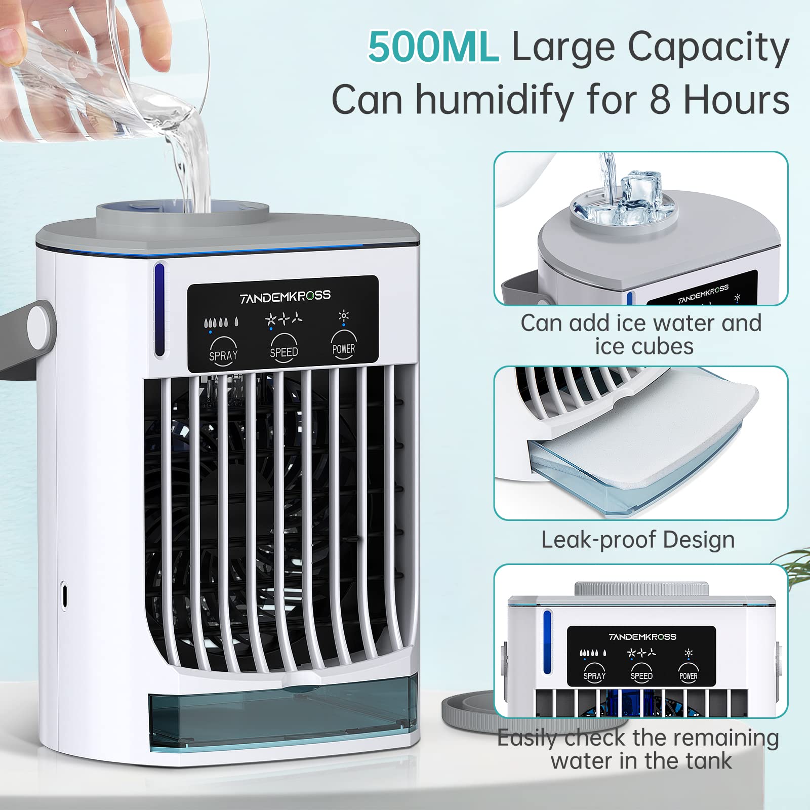 Portable Air Conditioner, Personal Air Cooler, Evaporative Air Cooler, Mini Cooling Fan Desktop Mist Humidifier with 3 Speed for Room Office Outdoor (White Grey)