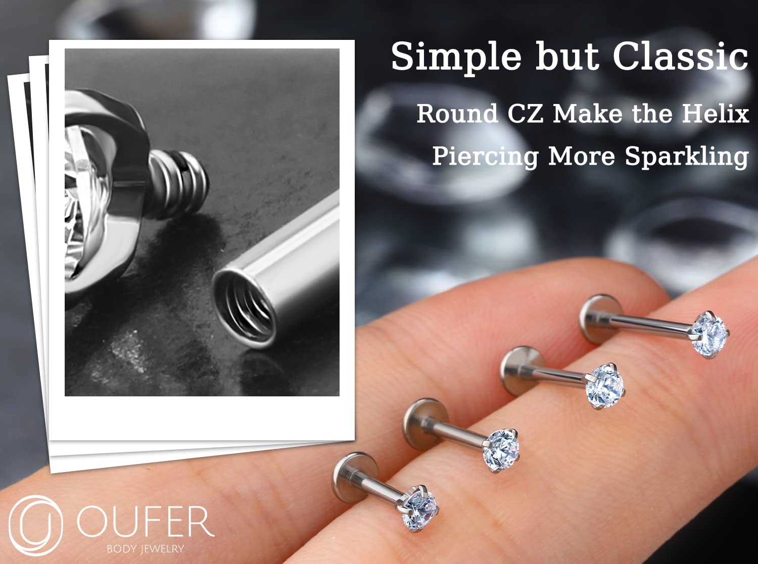OUFER 16G Lip Ring Studs, G23 Solid Titanium Lip Piercings, Clear CZ Internally Threaded Labret Jewelry, Cartilage Helix Tragus Piercing Jewelry for Women and Men