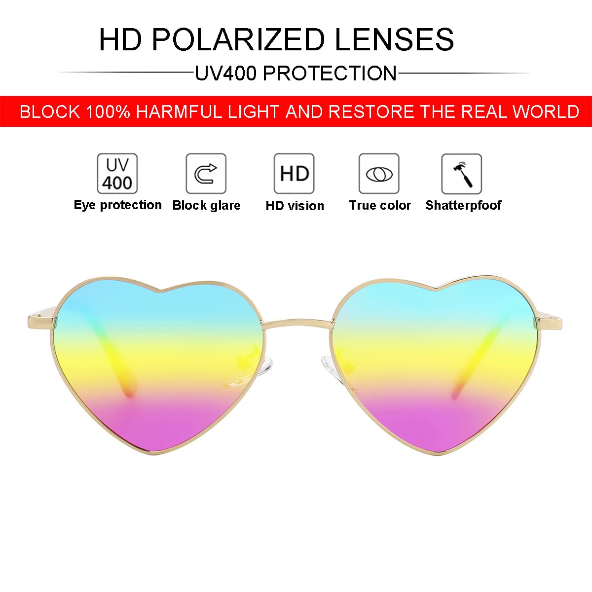 Polarized Heart Sunglasses for Women Fashion Lovely Style Metal Frame UV400 Protection Lens (Gold/Rainbow Mirror)