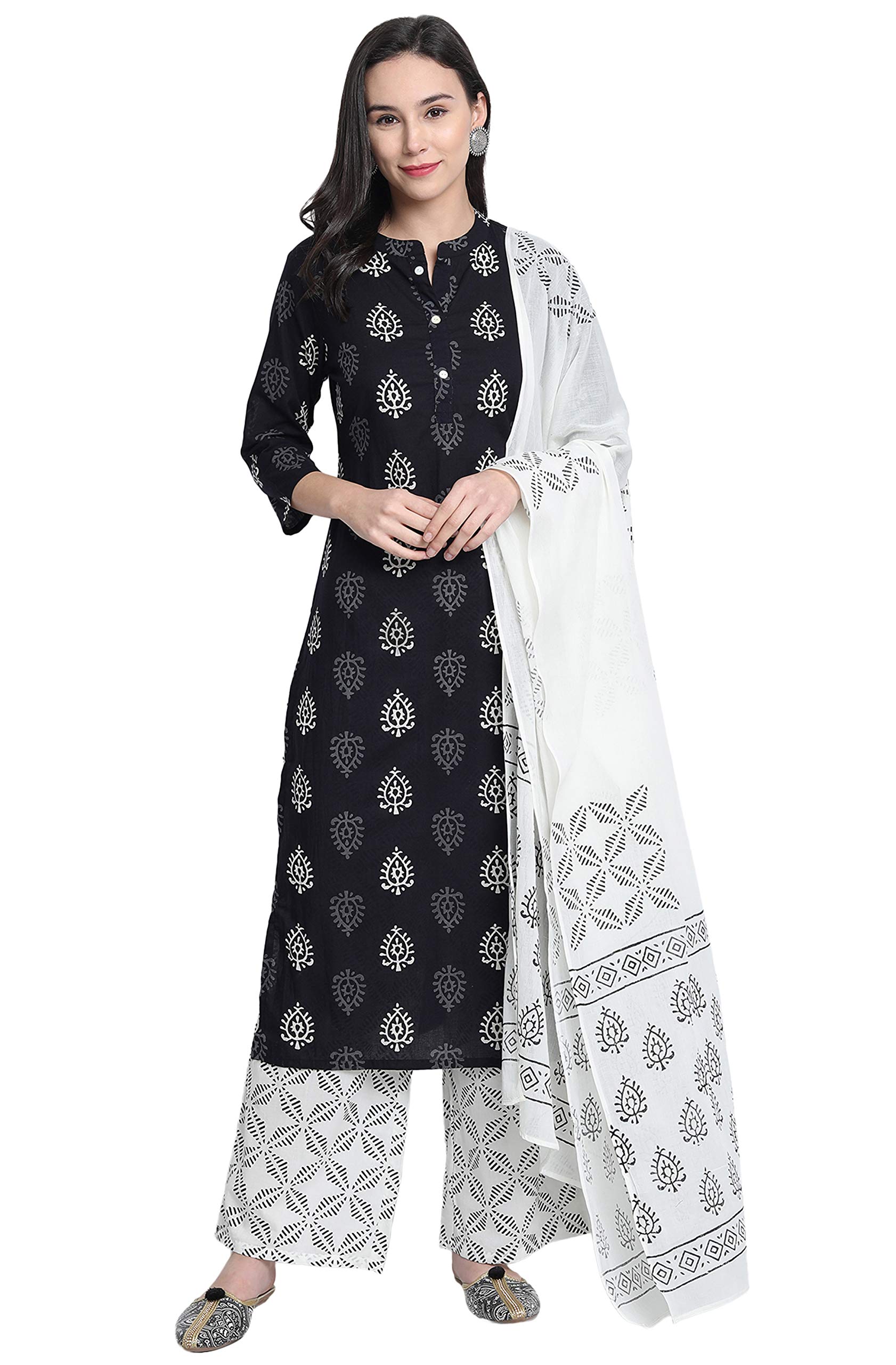 Janasya Indian Women's Black Cotton Kurta With Palazzo and Dupatta