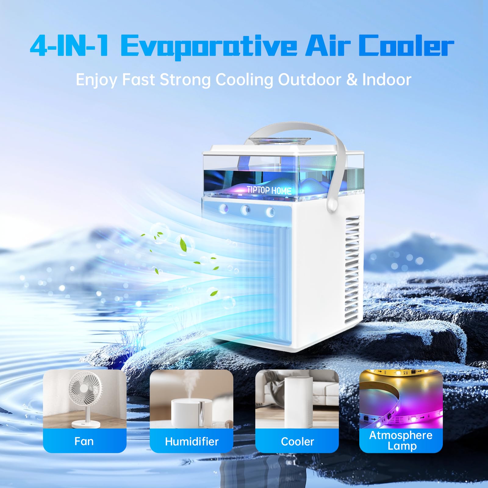 Portable Air Conditioners,4 in 1 Rechargeable Evaporative Personal Air Cooler APP Remote Control Humidifier with 6 Ice Boxes, 3 Speeds Mini AC with LED, Air Conditioner Desktop Cooling Fan for Bedroom