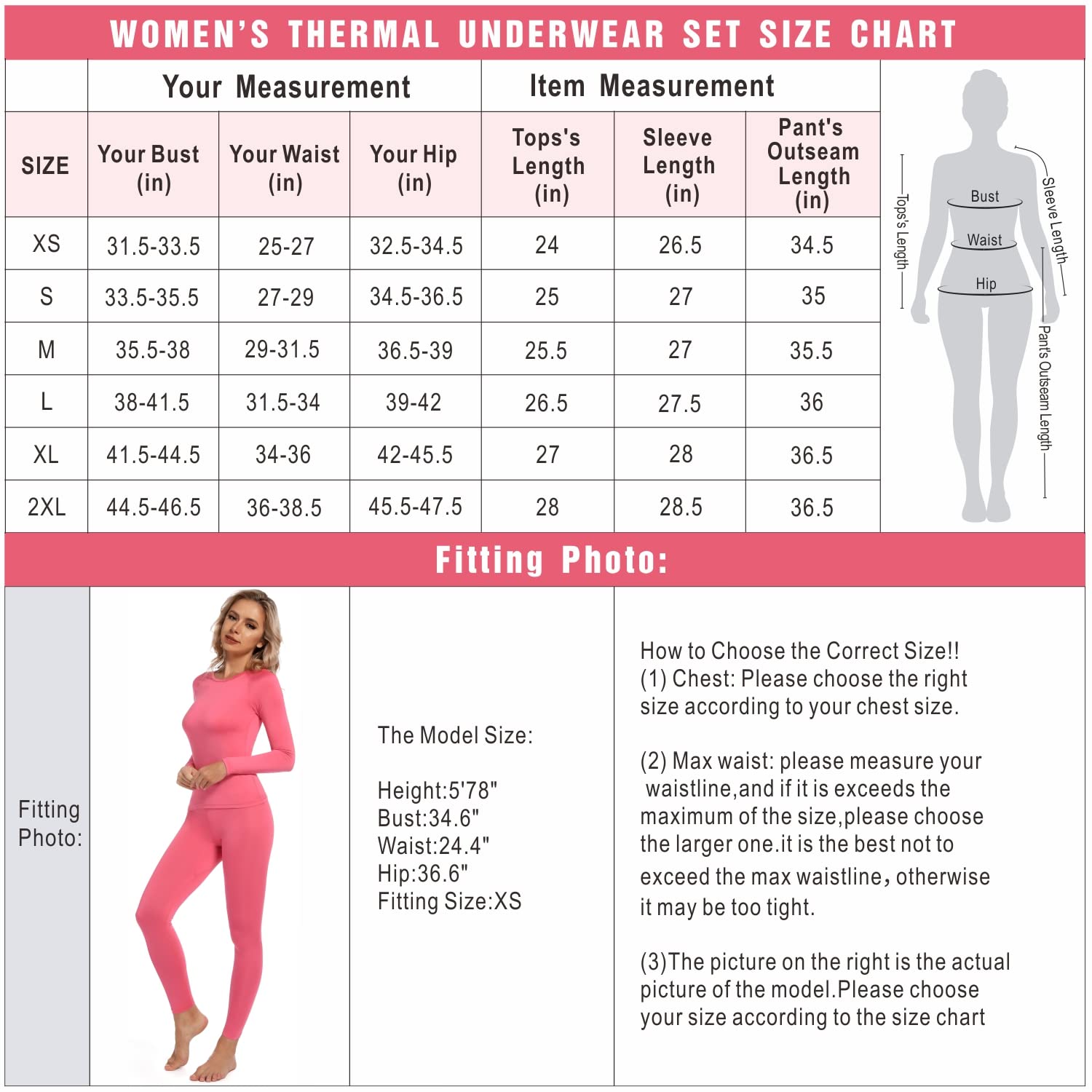 Przewalski Thermal Underwear Set For Women, Winter Long Johns Warm Up Base Layer Top and Bottom Pajama Suits Cold Weather Pink