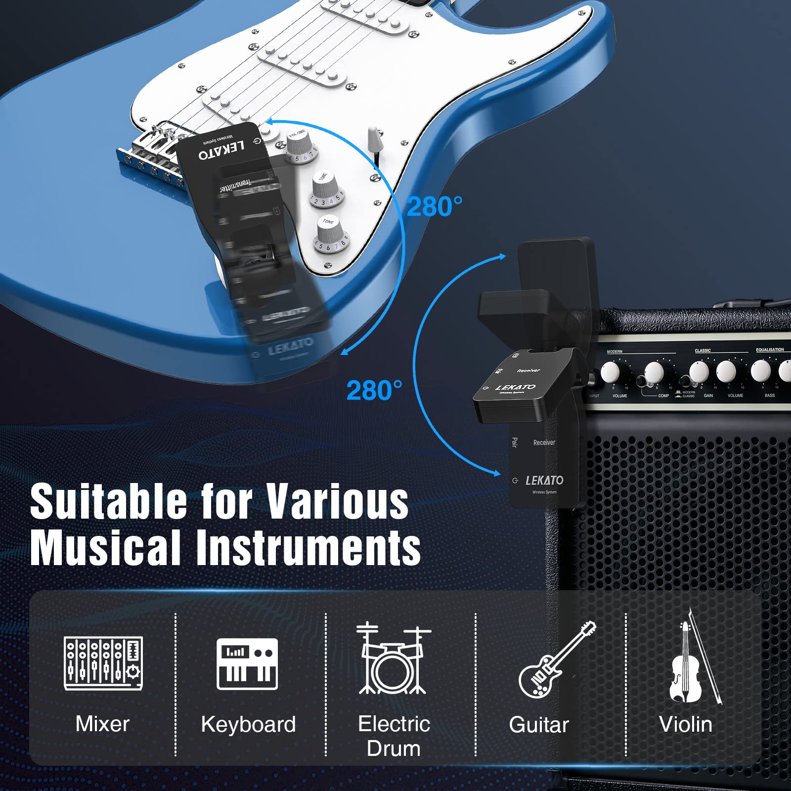 LEKATO Wireless Guitar System 2.4GHz Wireless Guitar Transmitter Receiver with 6 Channels Rechargeable Wireless Audio Digital Guitar System 100 feet Transmission Range for Electric Guitar Bass