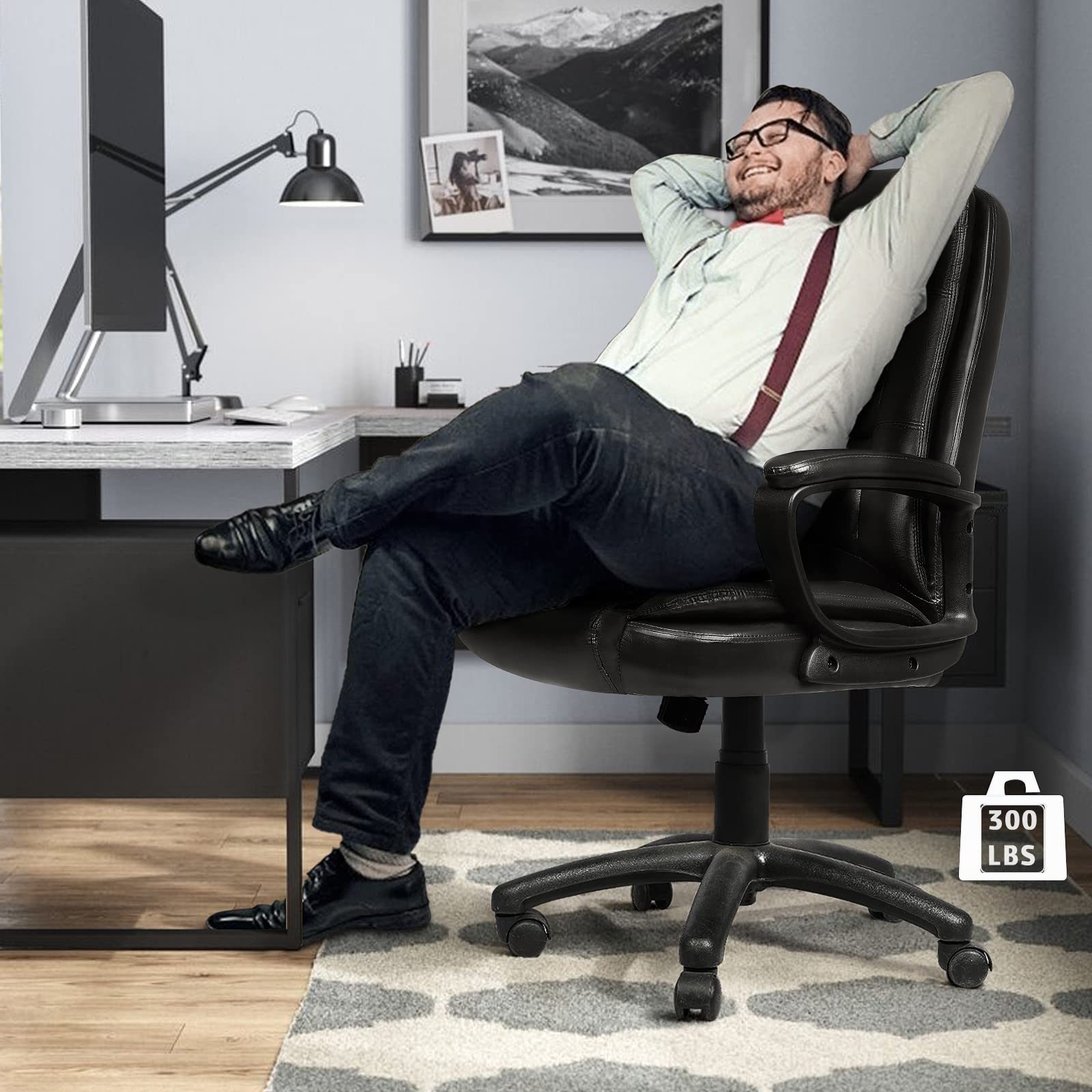 LEMBERI Office Desk Chair, Big and Tall Managerial Executive Chair, High Back Computer Chair, Ergonomic Adjustable Height PU Leather Chairs with Cushions Armrest for Long Time Sitting (Black)