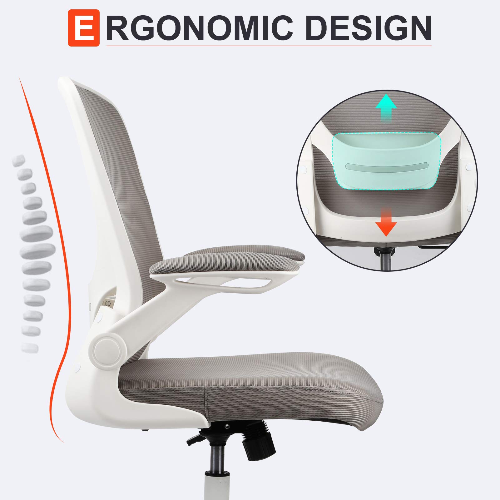 Komene Ergonomic Office Chair Mesh Computer Chair Swivel Recliner Chair with Lumbar Support and Flip-up Arms, Mid Back Adjustable Seat Height (g)