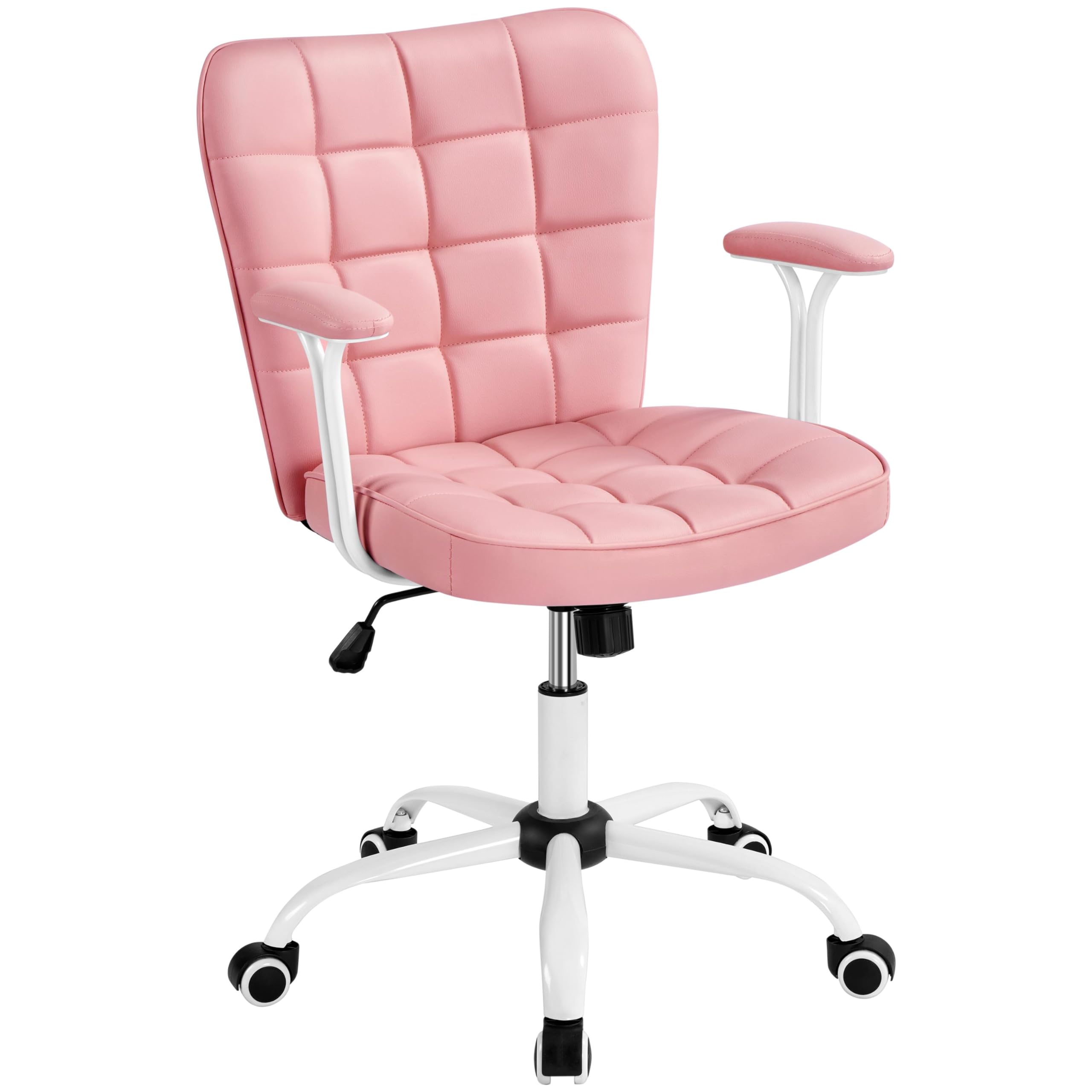 Yaheetech Mid Back Faux Leather Office Chair Adjustable Tilting Vanity Chair Modern Upholstered Desk Chair Task Chair with Detachable Padded Armrests for Home/Office,Pink