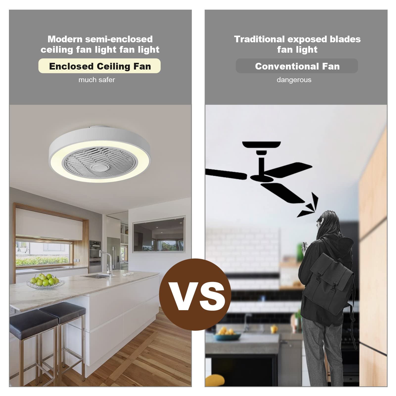 Jinweite Ceiling Fan with Light, 19 inches LED Remote Control Fully Dimmable Lighting Modes Invisible Acrylic Blades Metal Shell Semi Flush Mount Low Profile Fan,White