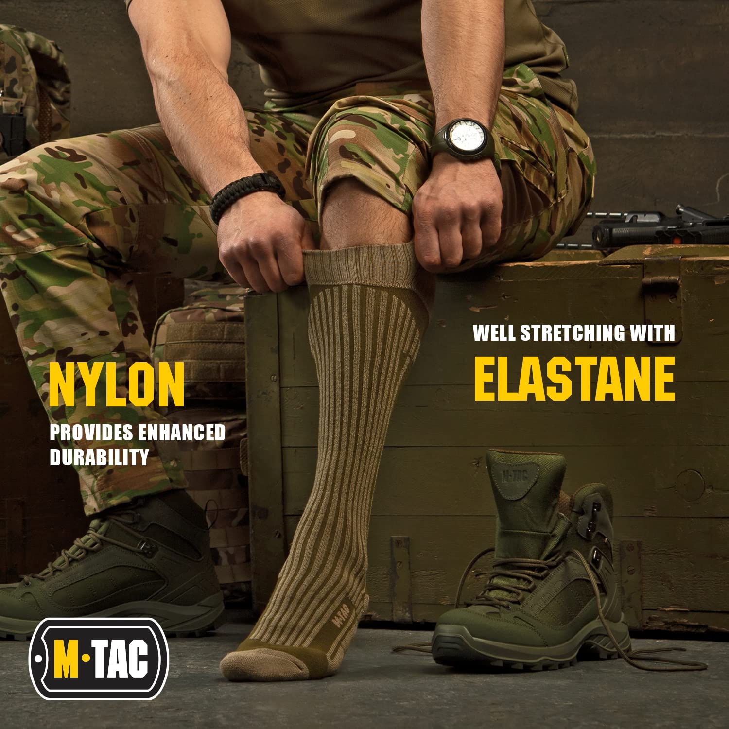 M-Tac Military Mid Calf Boot Socks 2 Pack - Wick Dry Men Coolmax RibTop Nylon Army Combat Socks (OCP, L)