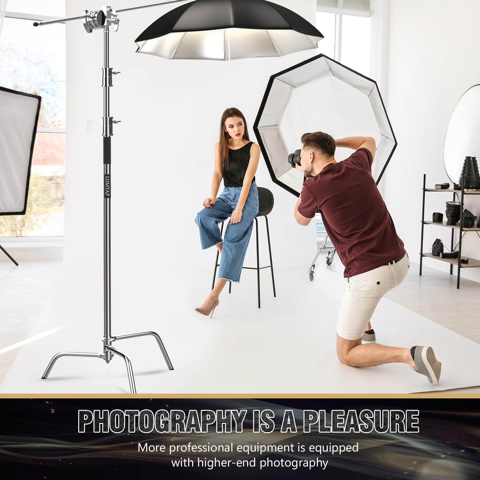 LOMTAP C Stand Light Stand Stainless Metal Photography Kit - Heavy Duty 6.8ft/210cm Vertical Pole, 2.8ft/87cm Boom Arm, Adjustable Base, Water Sandbag, 2 Grip Heads, 3 Clips for Softbox, Reflector