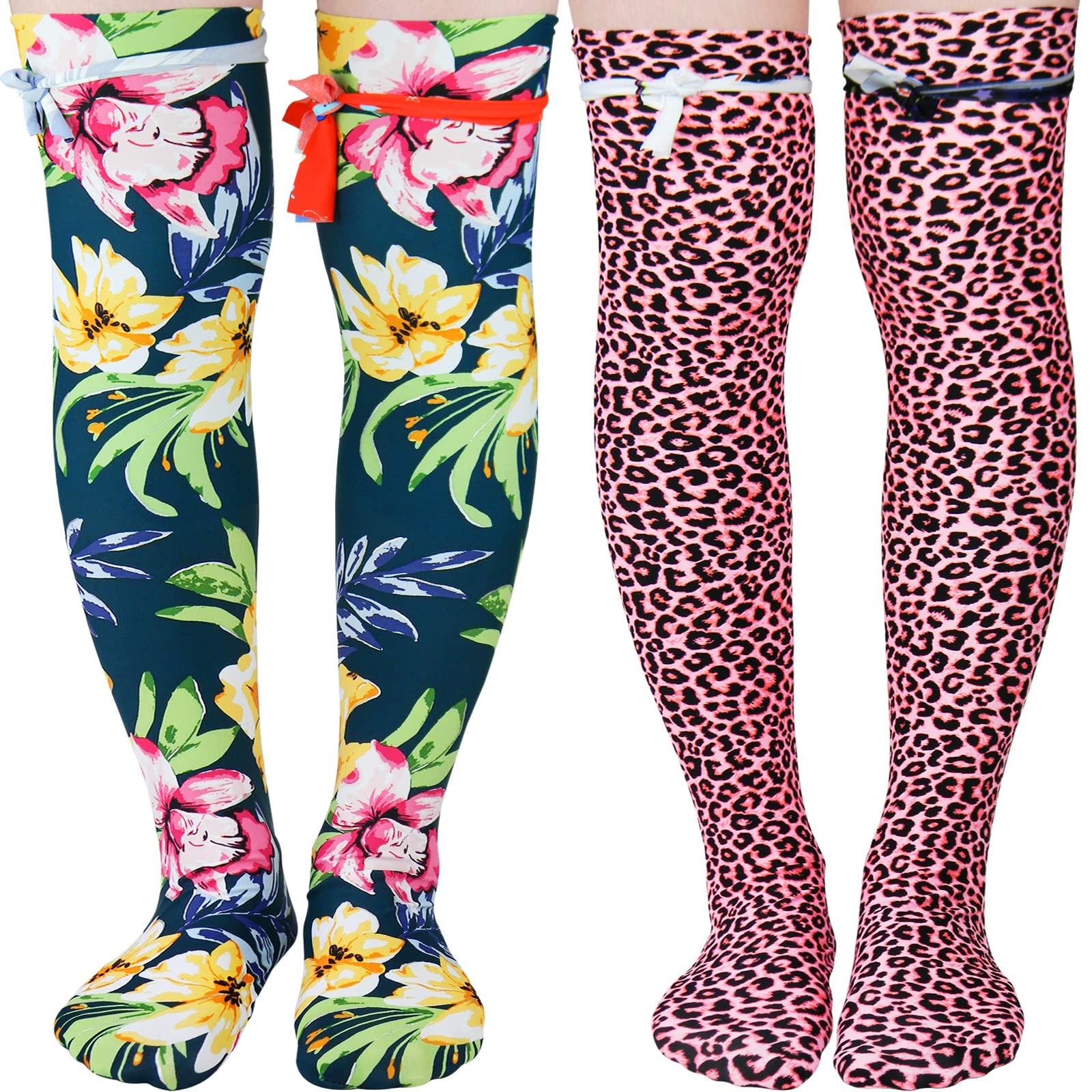 PSMILE 2Pairs Patterns Outdoor Cycling Overknee High Socks UV Protection Quick Dry Summer Cooling Tube Socks for Men Women