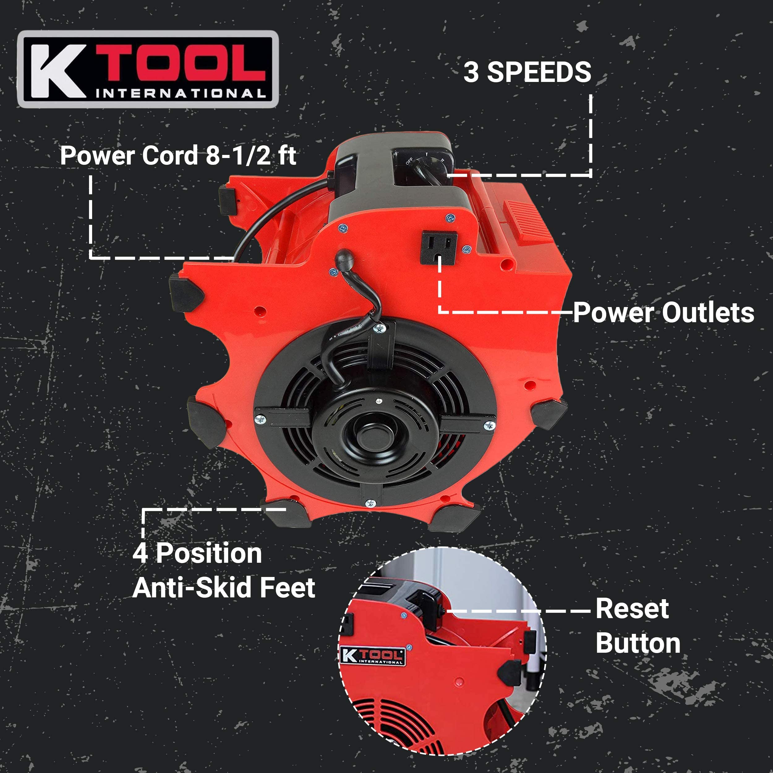 K Tool International 77700; Big Chill Workforce Blower, 3 Speed Motor with Built-in Overload Protection, 4 Angle Position, Indoor and Outdoor Use, Heavy Duty Design Impact Resistant ABS, 1200 CFM, Red