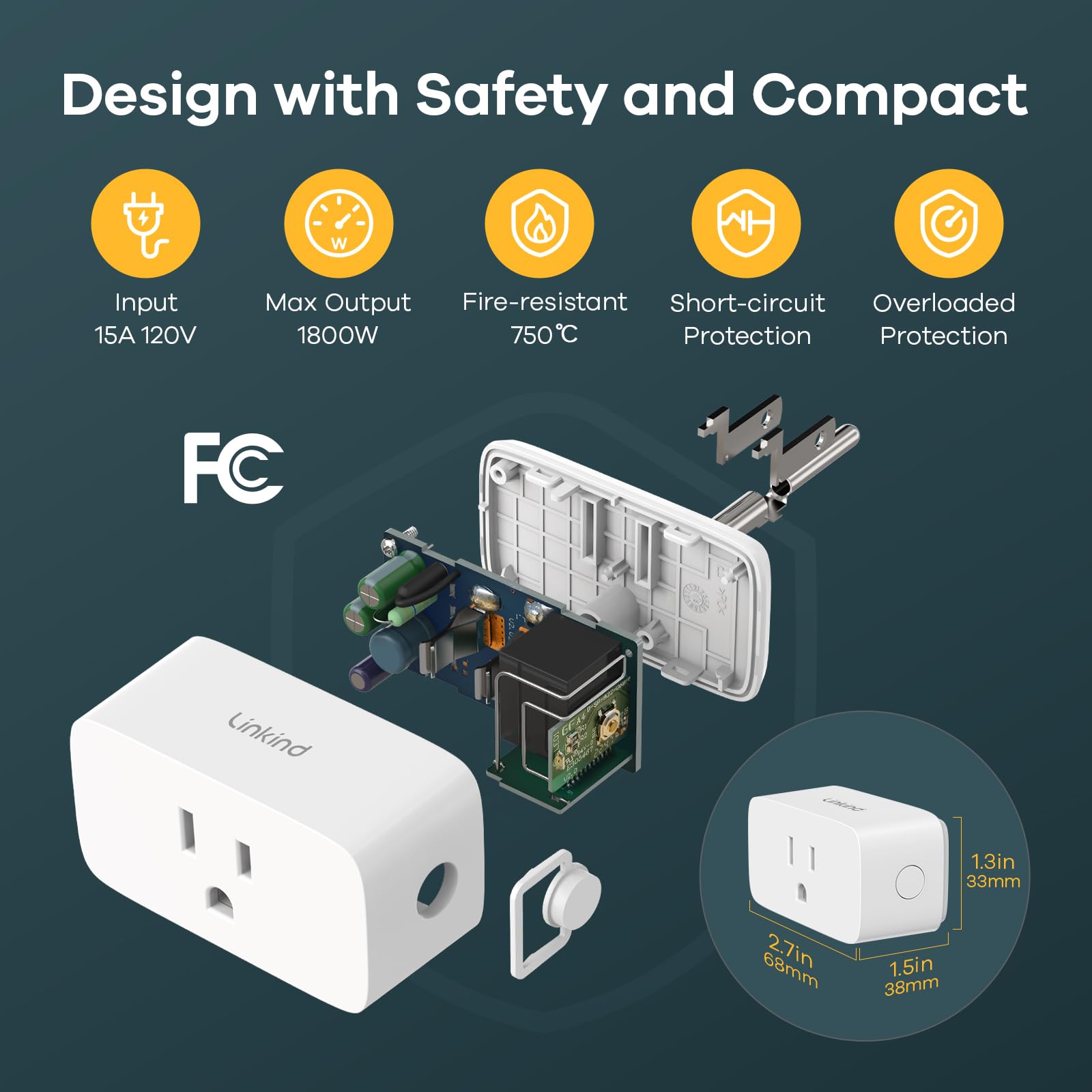 Linkind Smart Plug 15A/1800W WiFi Outlet, Compatible with Alexa, Google Home, Wireless Socket Remote Control Switch with Timing Function, No Hub Required, 2.4GHz Only, 4 Pack