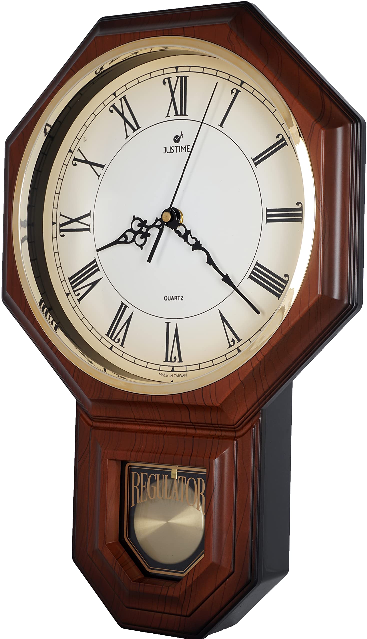 JUSTIME Traditional Schoolhouse Pendulum Wall Clock Chimes Hourly with Westminster Melody Made in Taiwan, 4AA Batteries Included (PP0258-RRM Red Mahogany)