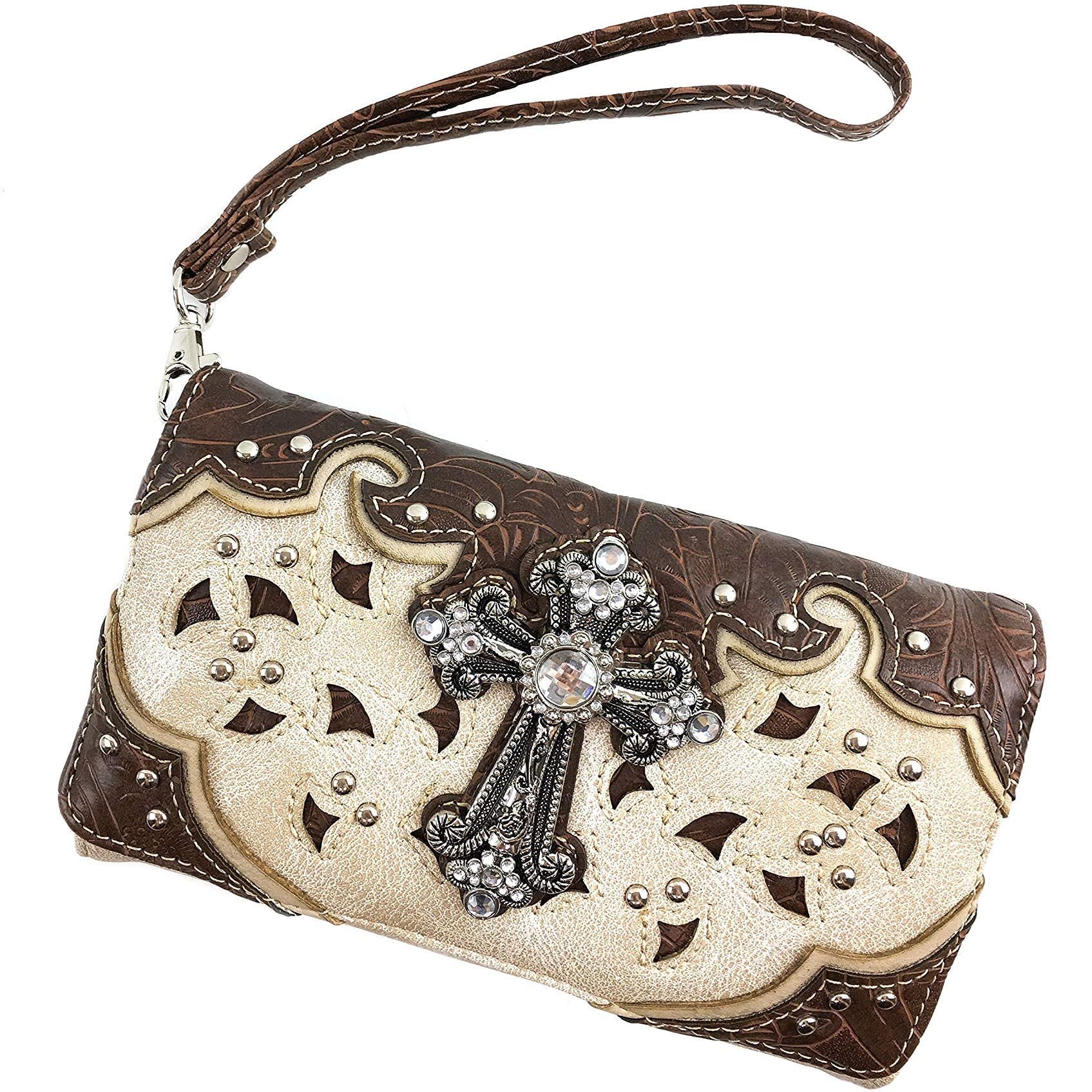 Justin West Tooled Leather Laser Cut Turquoise Rhinestone Cross Concho Studded Messenger Handbag with CrossBody Strap (Purple Messenger Only)