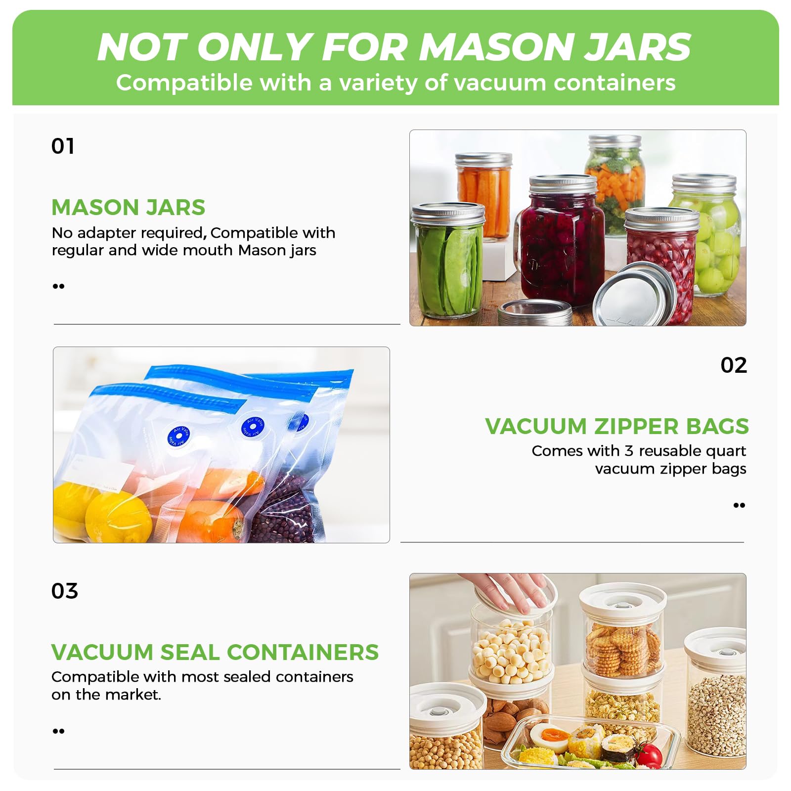 YANOY Electric Mason Jar Vacuum Sealer Kit for Wide Mouth and Regular Mouth Mason Jars, Food Saver Bags & Vacuum Seal Containers, ๐ฎ๐ฌ๐ฎ๐ฐ ๐๐ฆ๐๐ซ๐ญ ๐๐ฉ๐ ๐ซ๐๐๐ - ๐๐ฅ๐๐๐ค ๐๐ซ๐จ