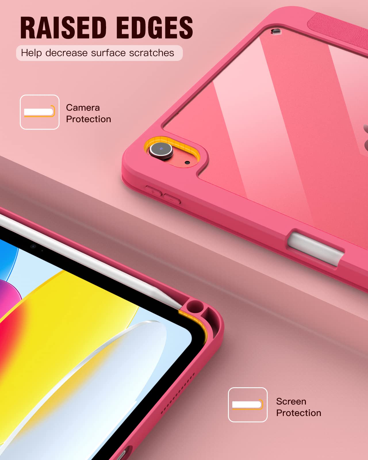 TiMOVO Case for iPad 10th Generation with Pencil Holder iPad 10.9 Inch Case 2022, iPad Case 10th Generation Hybrid Slim Tri-fold Stand Protective Cover with Clear Back for iPad 10, Watermelon Pink