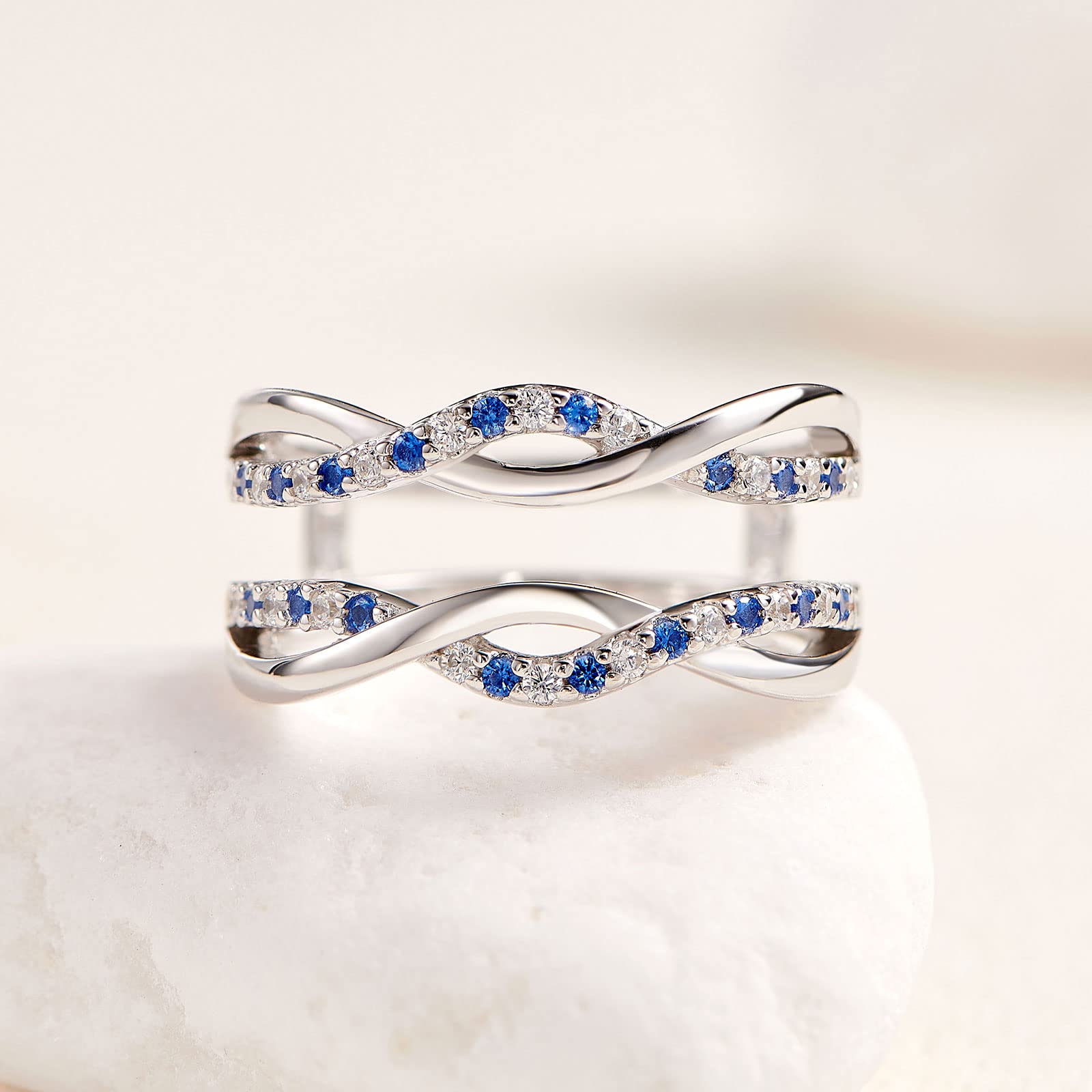 Newshe Jewellery Ring Enhancer for Engagement Rings AAAAA Cz Twisting Infinity 925 Sterling Silver Band with Blue Sapphire Size 7