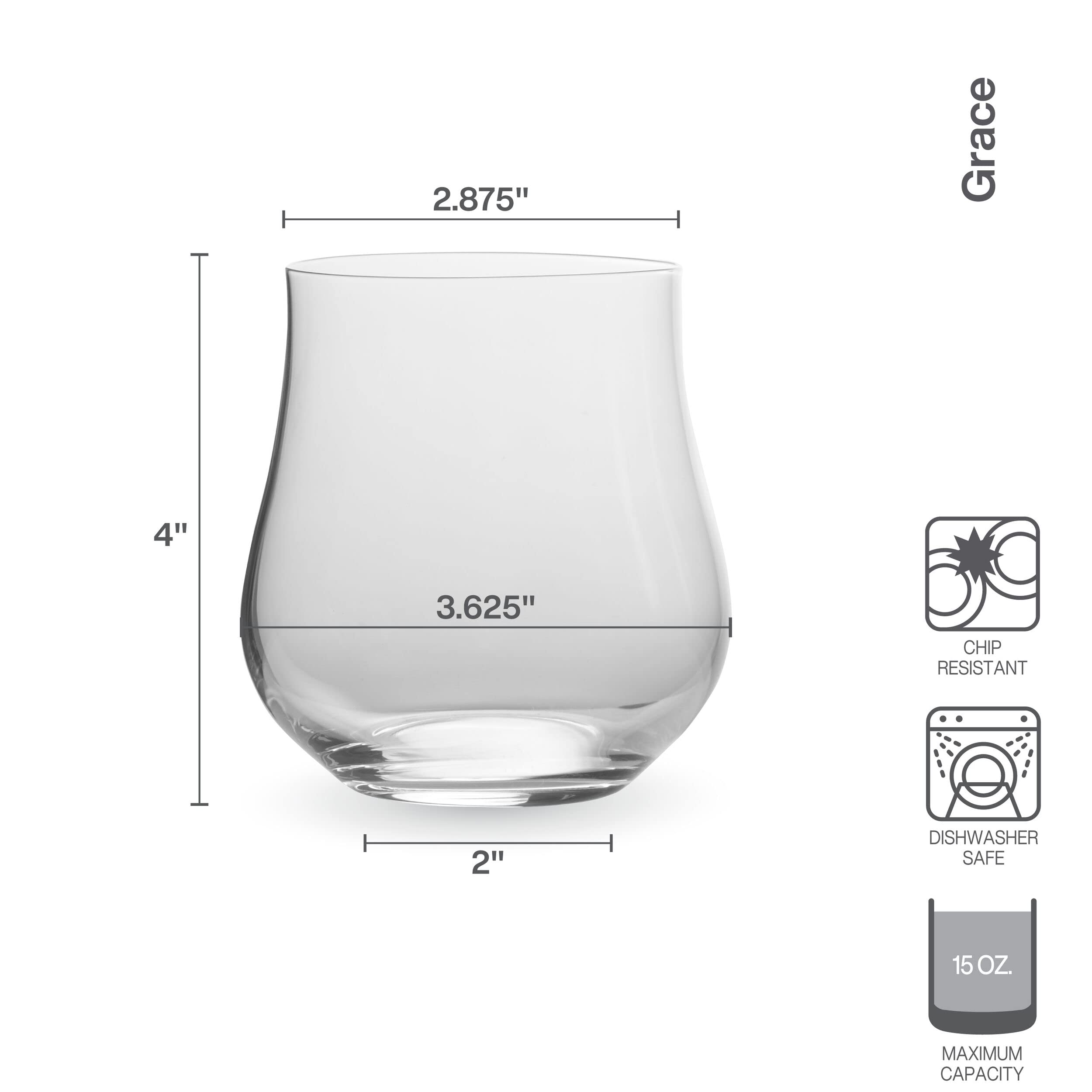 Mikasa Grace Set of 4 Stemless Double Old Fashioned Rocks Glass, 15-Ounce, Clear