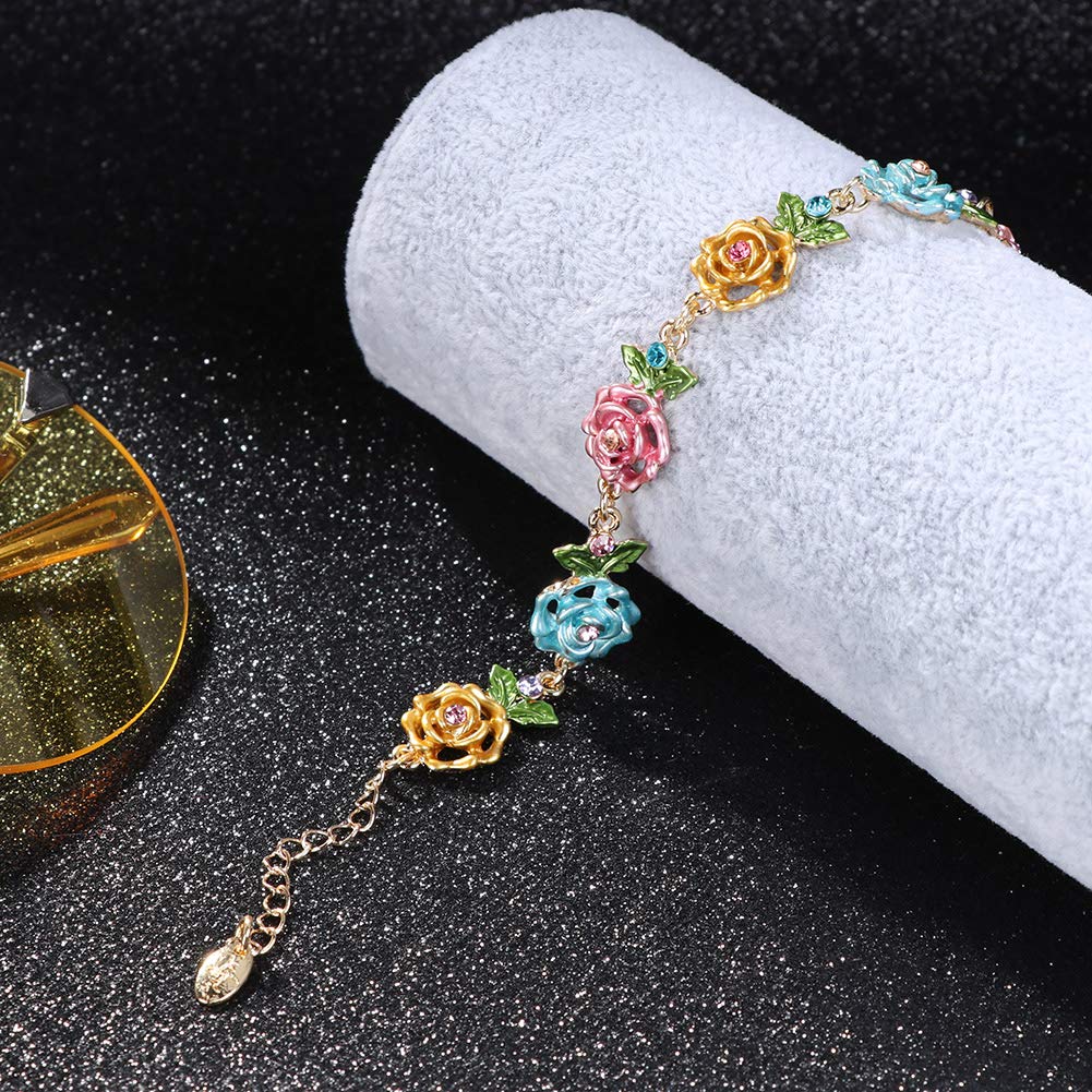 Puadun Elegant Cloisonne Flower and Leaf Bangle Bracelet with Sparkling Rhinestone Charm and Adjustable Extension Chain - Gift for Women, Comes in Gift Box
