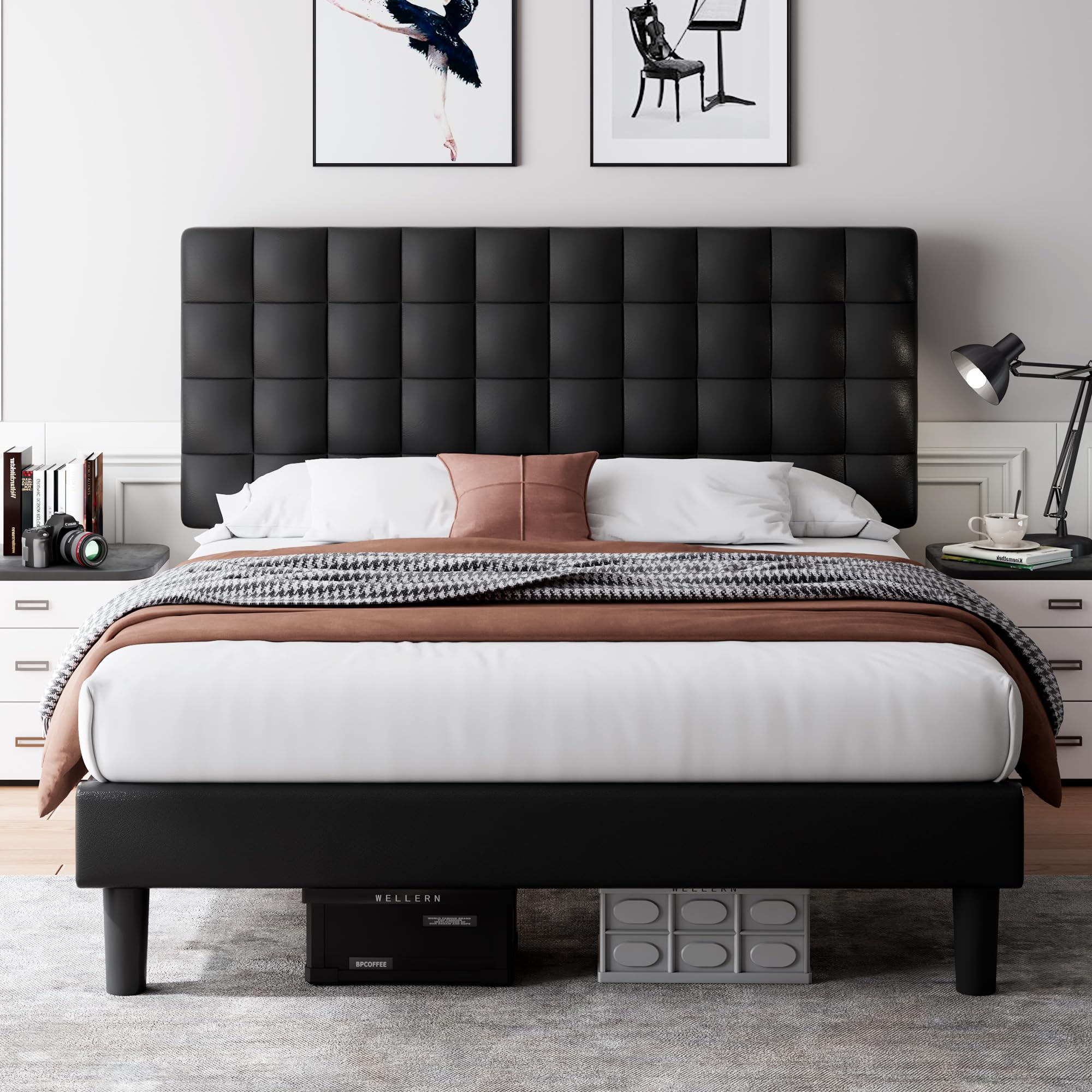 iPormis Queen Platform Bed Frame, Faux Leather Upholstered Bed Frame with Square Tufted Headboard, Wood Slats Support, No Box Spring Needed, Easy Assembly, Black