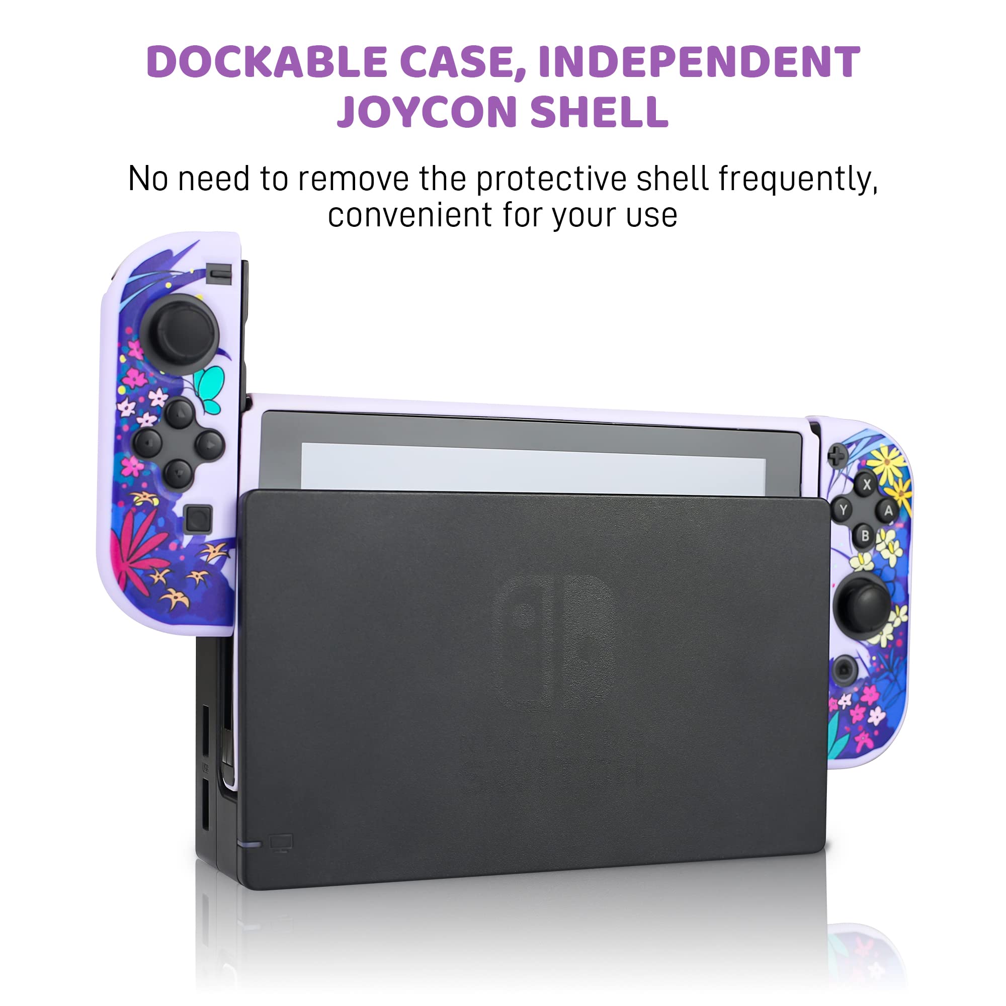 LASTYAL Cute Purple Protective Cover Case for Nintendo Switch, Soft TPU Shell Compatible with Switch Console and Joycon Controller - Bee, Dragonfly and Butterfly