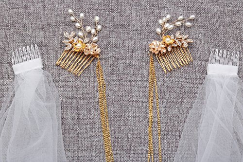 Kercisbeauty 3M Soft Tulle Sheer Cathedral Wedding Lace Veil Single Layer Drop with Gold Flower Comb Multi Layer Pearl Chain for Bride Bridal Headpiece Hair Dress(White)