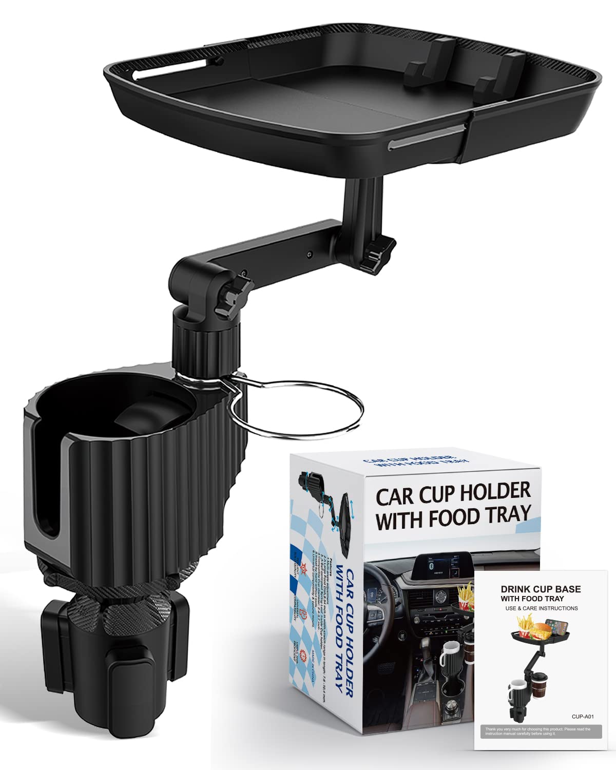 IPOW 4-in-1 Car Cup Holder Expander Tray,Detachable Upgraded Food Tray Expandable Dual Cup with Phone Holder,360°Rotation Adjustable Base,Road Trip Essentials Accessories for Drinking and Eating