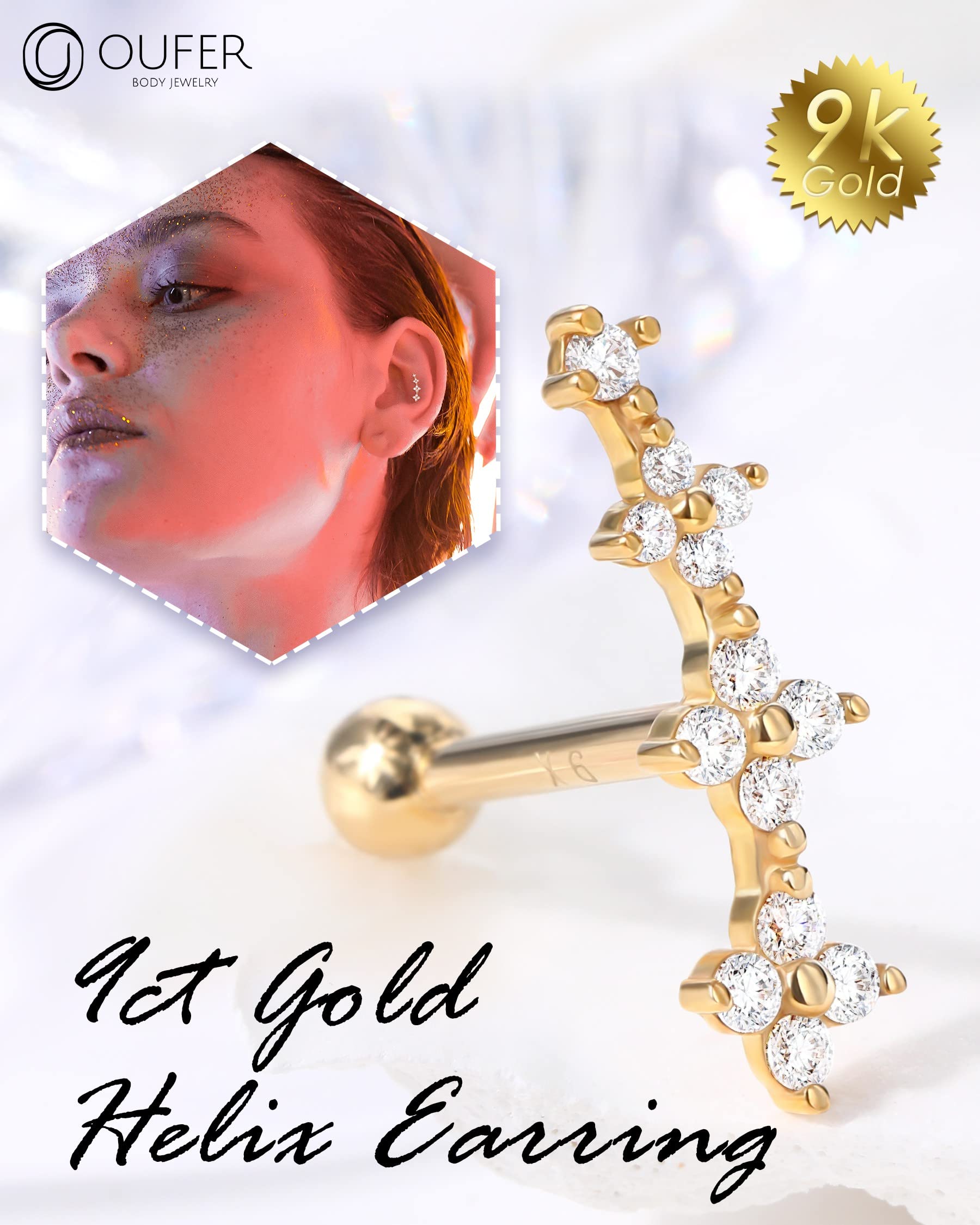 OUFER Gold Cartilge Stud Earrings, 16G 9K Solid Gold Helix Piercing Jewelry, Clear CZ Tragus Daith Conch Forward Helix Body Ear Piercing Jewelry