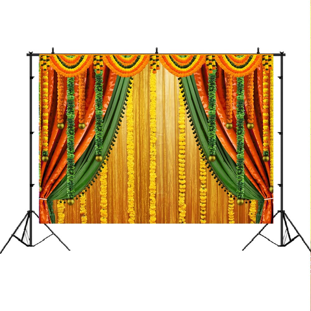 Lofaris India Pooja Backdrop Puja Ganpati Photography Traditional Banana Leaf Green Chatiya Ganesh Mehndi Festival Background Decorations Wedding Party Marigold Garlands Photo Props 7x5ft
