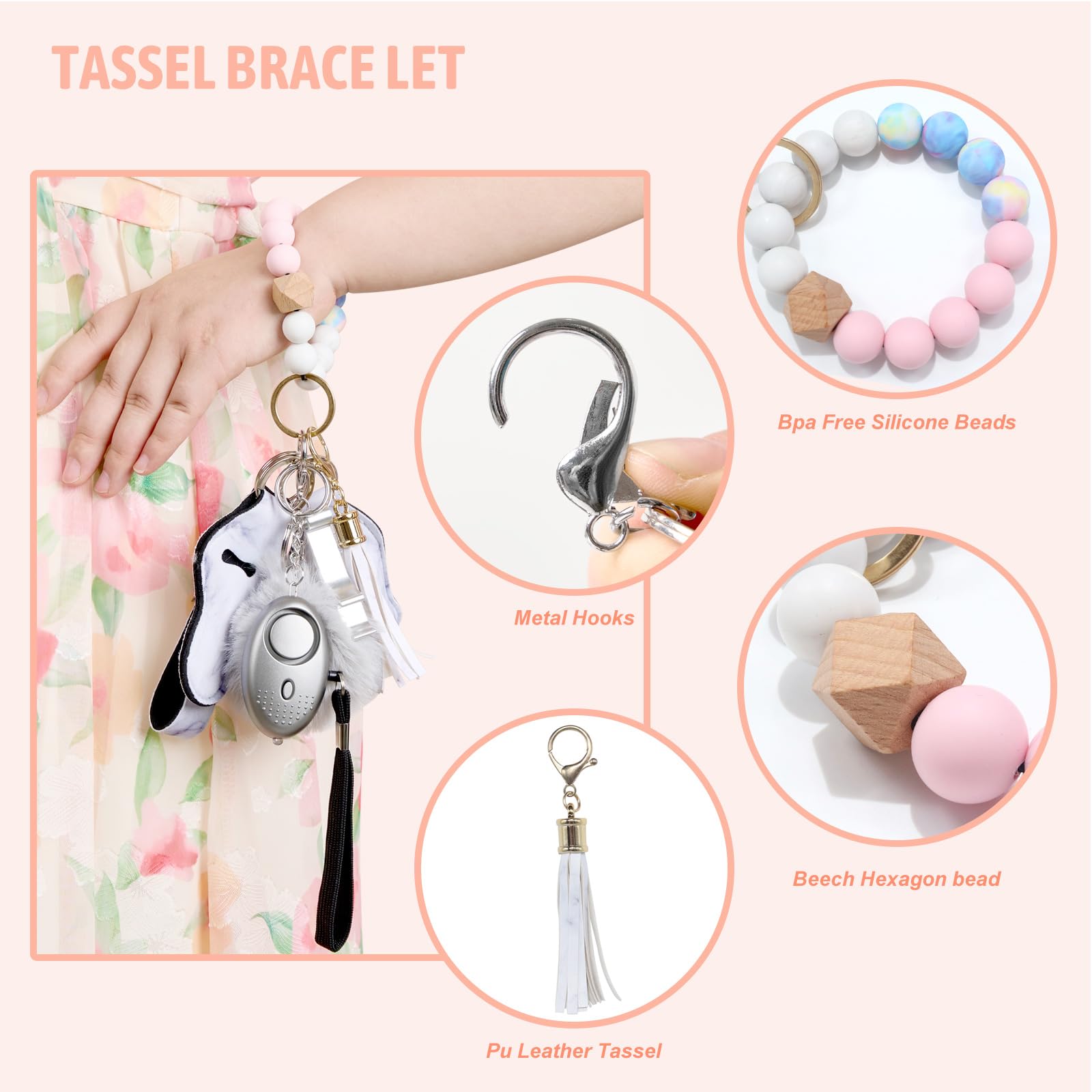 METURE Keychain Bracelet with Personal Alarm Wristlet Key Ring Keychain Accessories 9pcs Key Chains Silicone Beaded Elastic Bangle Keyring for Womens