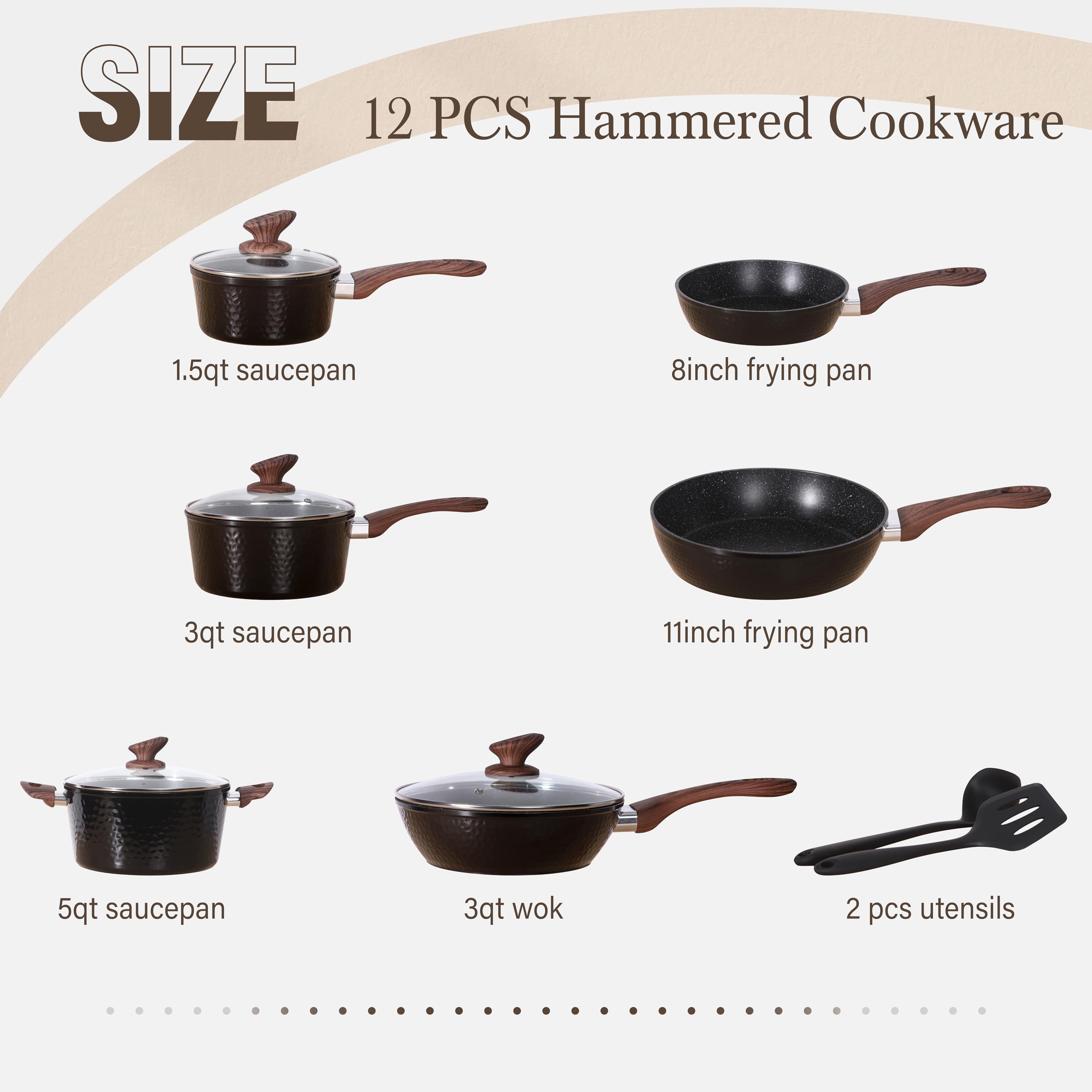 Kitchen Academy Pots and Pans Set Non Stick - 12 Pcs Induction Cooking Pans Set, Black Hammered Cookware Set,Induction Cookware Nonstick Granite Cooking Set