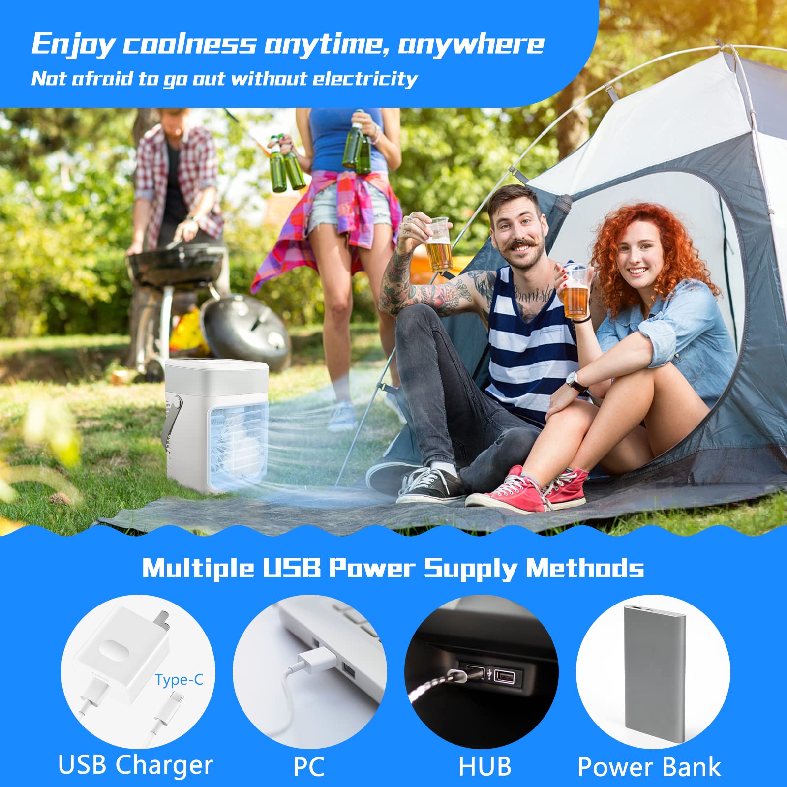 Portable Air Conditioners, Cordless Evaporative Air Cooler, 3 Wind Speed & 2 Cool Mist Personal Air Cooling Fan, 2-4H Timer & 7 LED Lights Portable AC,Mini AC Unit for Bedroom Car Home Camping Office