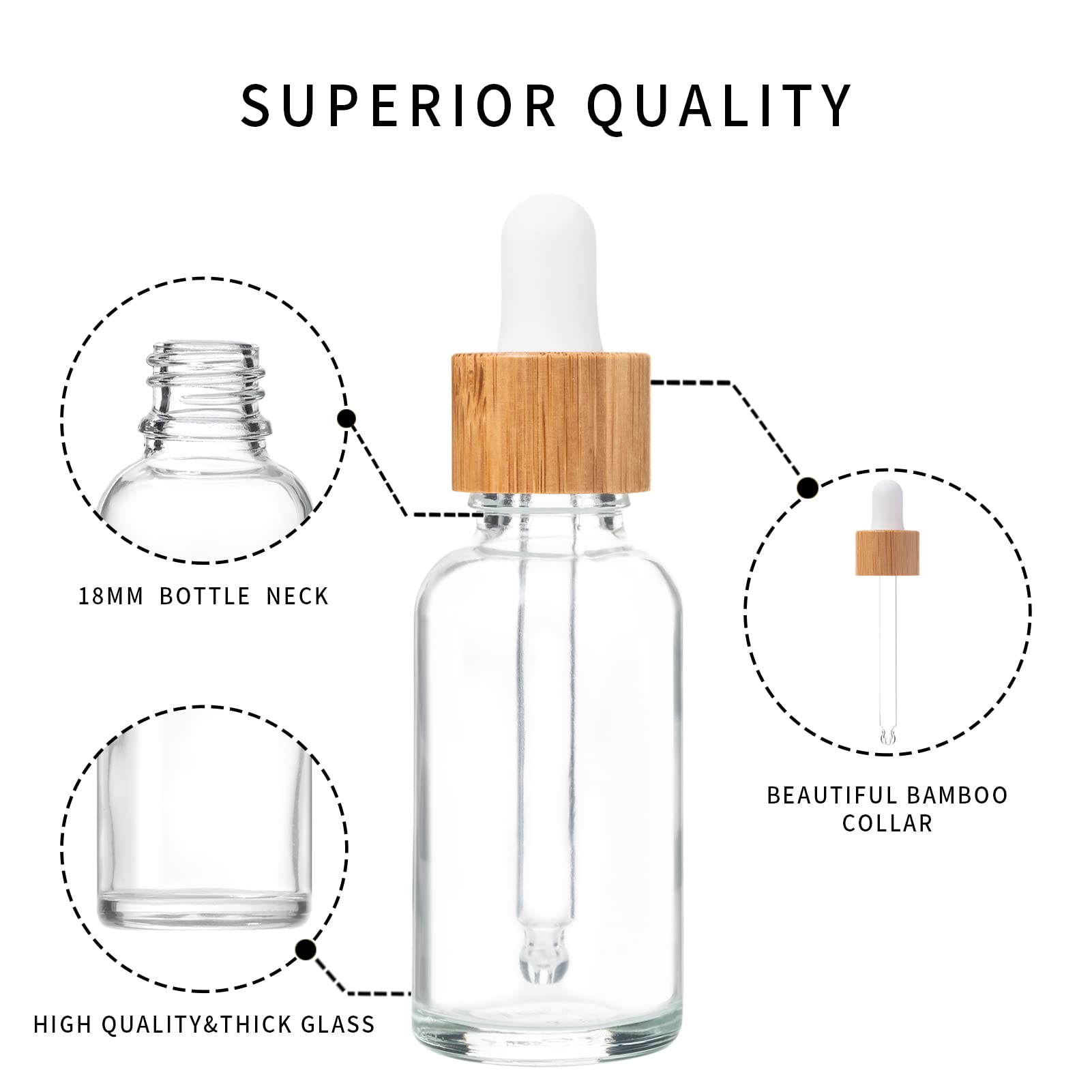 Poadool 3 Pack 1oz (30ml) Eye Dropper Bottles, Clear Glass Dropper Bottle with Bamboo Eye Dropper, Tincture Bottles with Dropper, Neck Size 18mm. 1ml Strong Suction.
