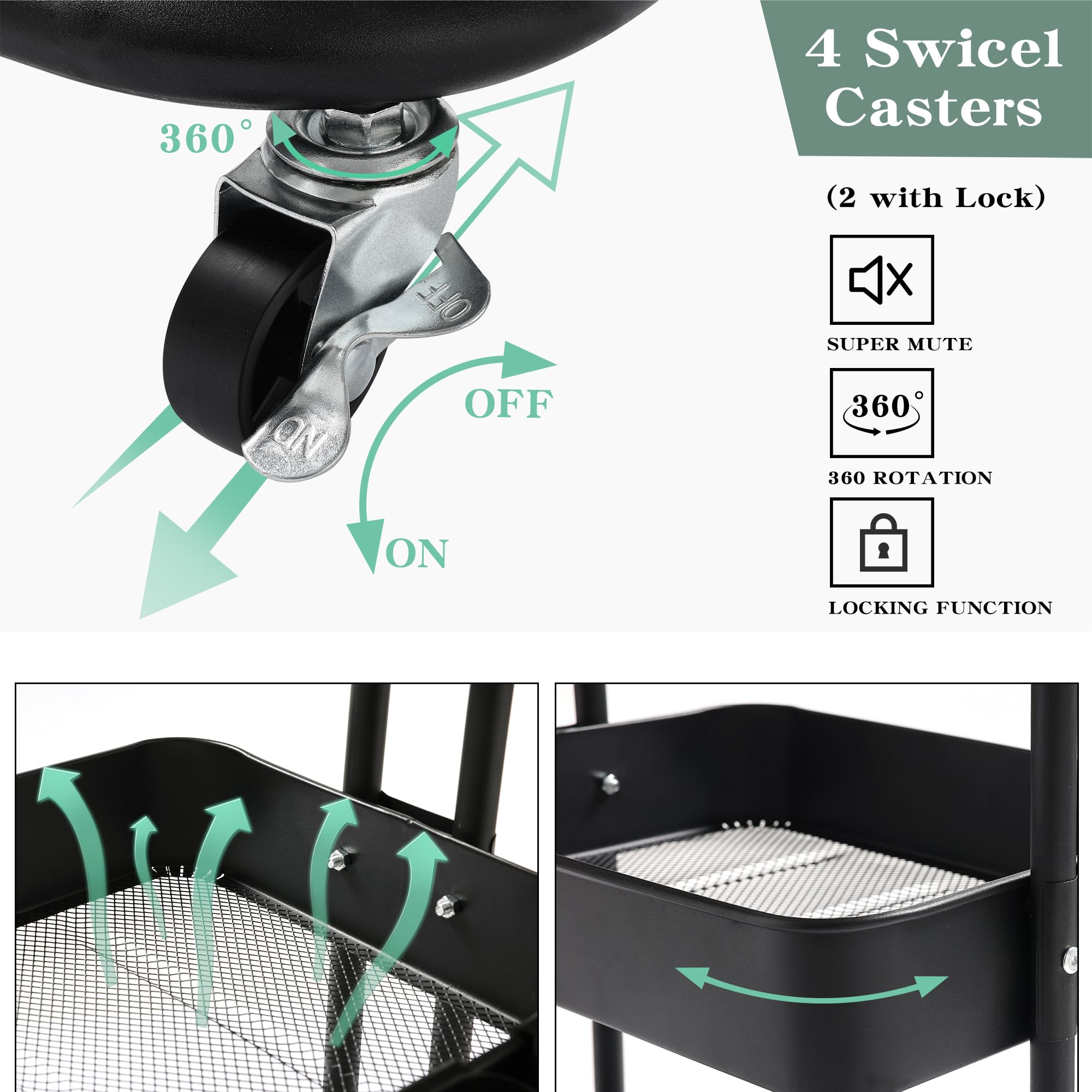 LING RONG 3-Tier Utility Rolling Metal Storage Cart,Heavy Duty Multifunction Cart with Lockable Wheels,Cover,4 Hooks 2 Storage Boxes for Kitchen Living Room Office Bathroom (U-Shaped Armrest, Black)