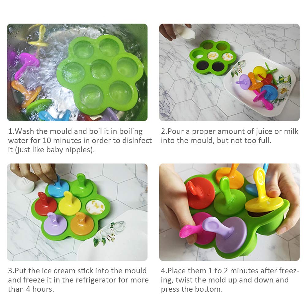 Mini Silicone Popsicle Mold, 7-cavity DIY Ice Pop Mold with Colorful Plastic Sticks, Popsicle Makers for Egg Bites, Lollipop and Ice Cream Mould, Baby Food Storage Container, Non-Stick Ice Cube Trays