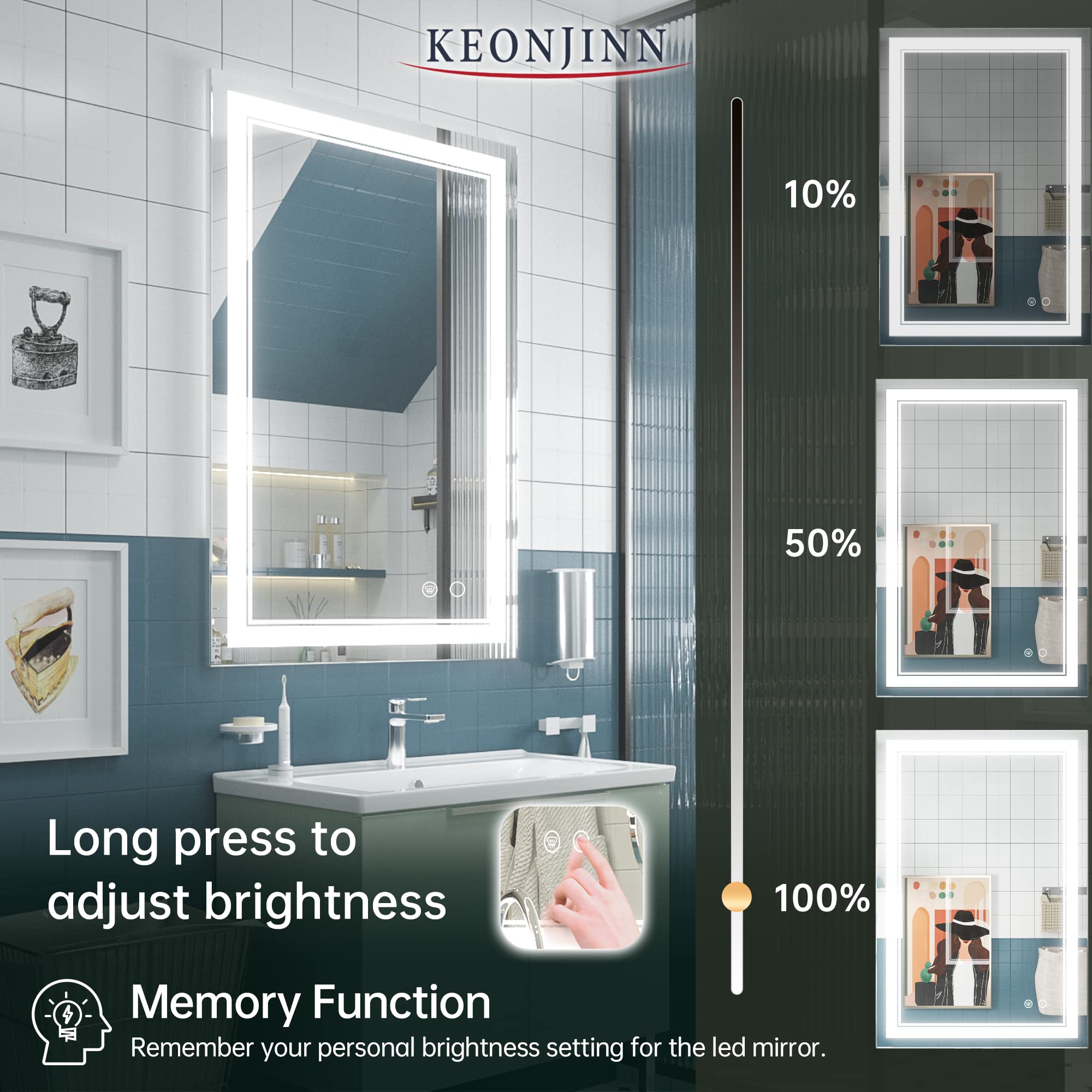 Keonjinn LED Mirror for Bathroom, 36 x 24 Inch, Wall Mounted, Dimmable, Anti-Fog, IP54 Waterproof, 3 Year Warranty
