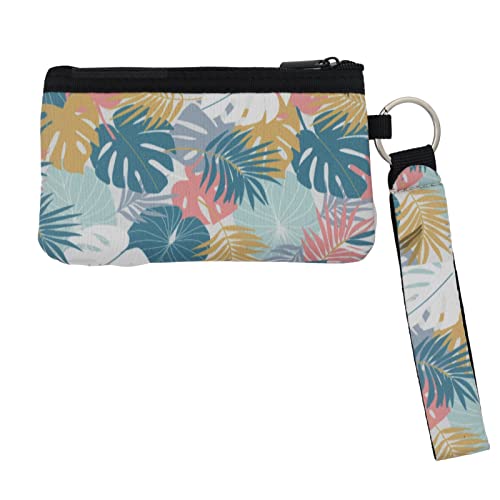 Roctocesy Women's Wallet with Interlayer Zip Id Case Wallet with Wristlet Lanyard Floral Print Key Coin Pouch (Strawberry+Palm Leaves)