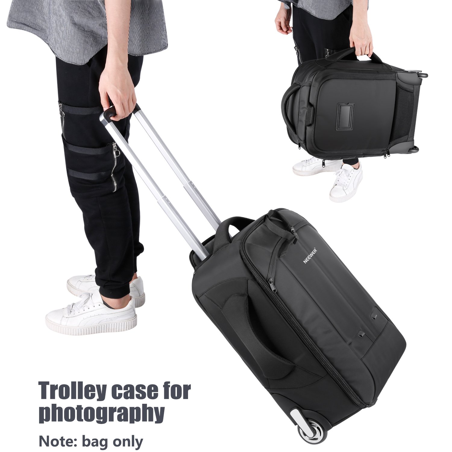 Neewer 2-in-1 Convertible Wheeled Camera Backpack Luggage Trolley Case with Double Bar, Anti-Shock Detachable Padded Compartment for SLR/DSLR Cameras, Tripod, Lens and Other Accessories (Black/Green)