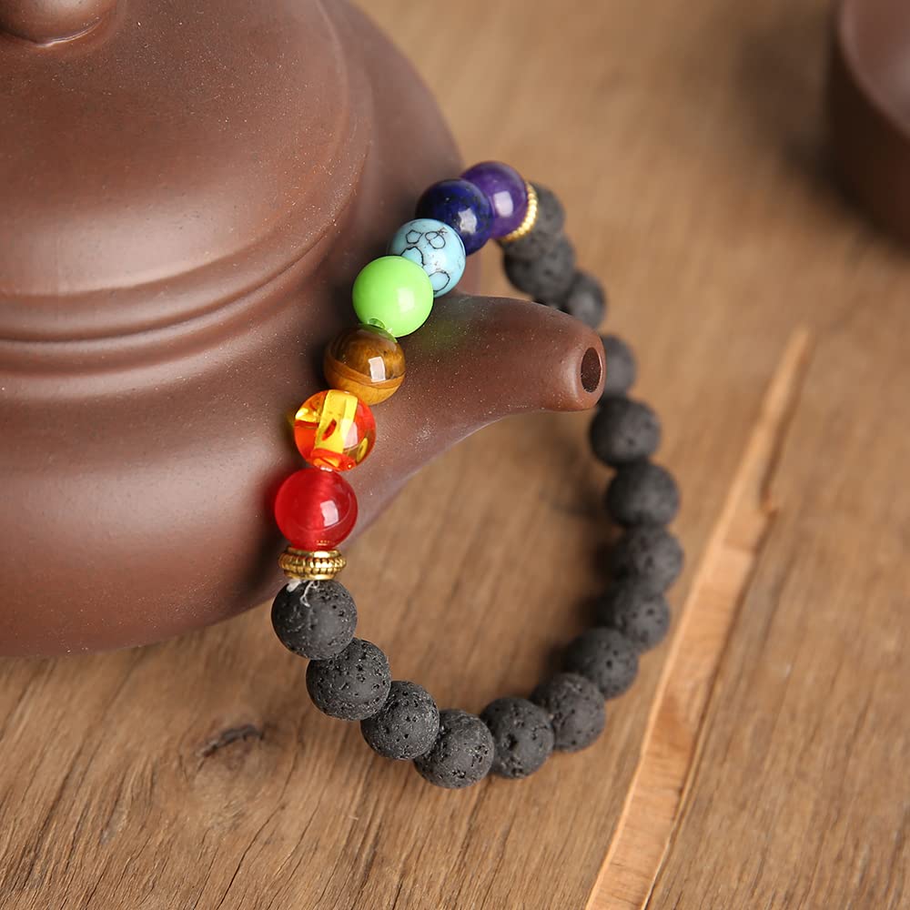 OAIITE 2Pcs 7 Chakra Bracelet Elastic Natural Stone Yoga Healing Crystals Beads Meditation Relax Anxiety Bracelet Bangle Natural Lava