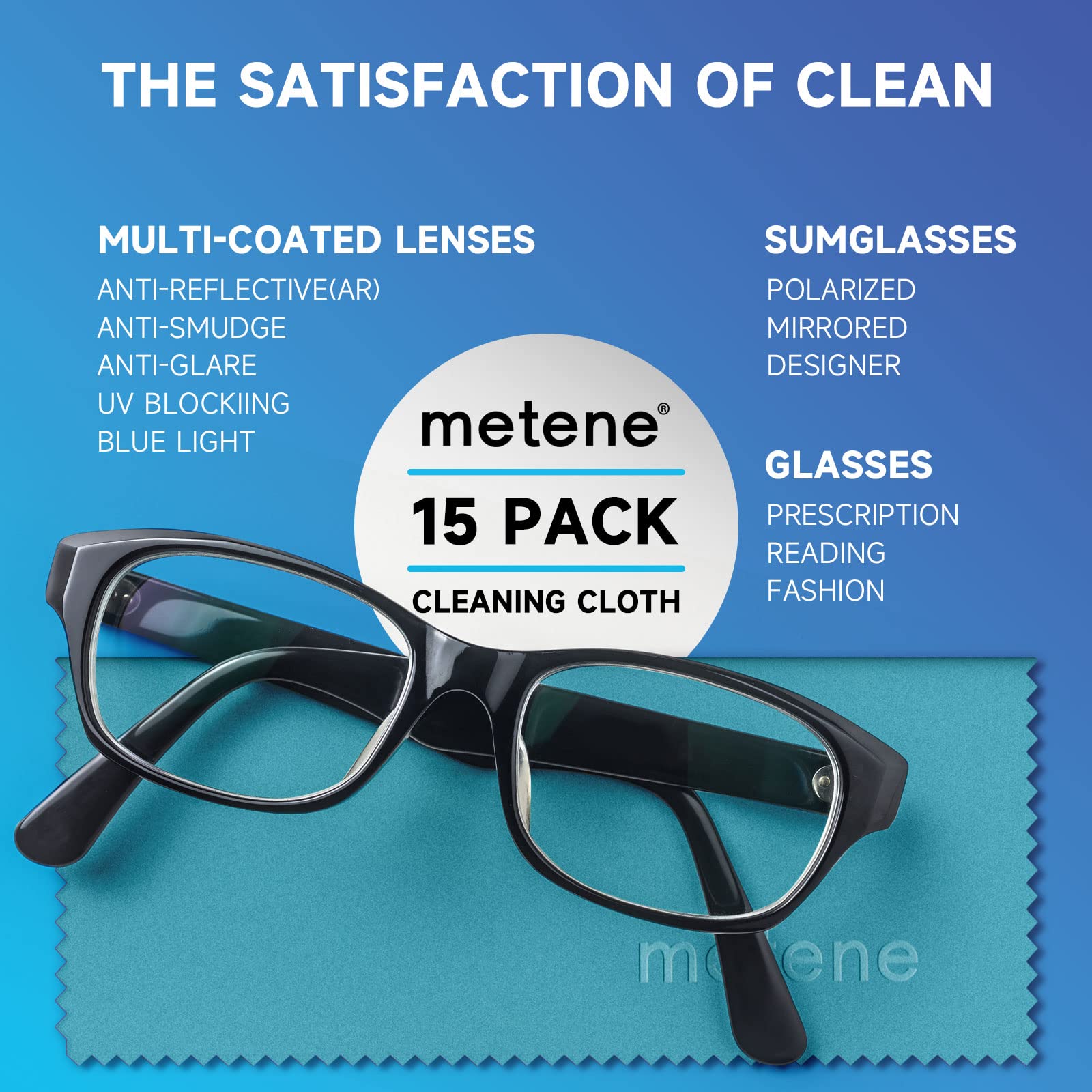 Metene 15 Pack Microfiber Cleaning Cloths (6"x7") in Individual Vinyl Pouches | Glasses Cleaning Cloth for Eyeglasses, Phone, Screens, Camera Lens and Other Delicate Surfaces Cleaner (Blue)
