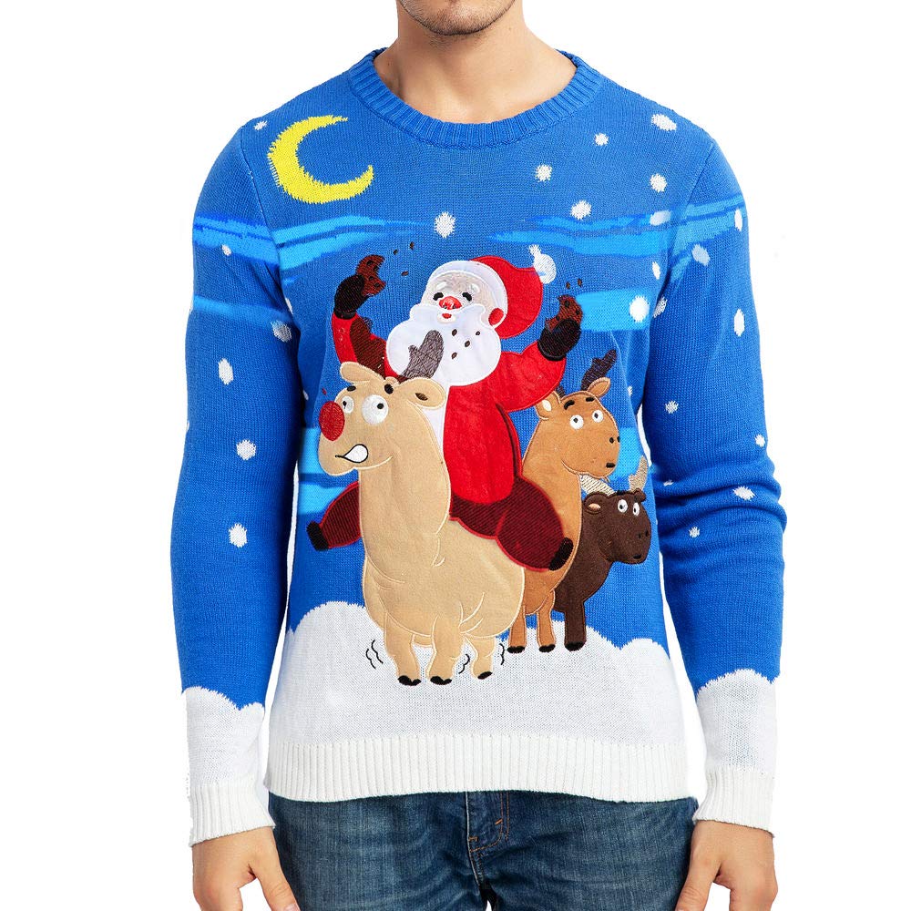 JOYIN Men's Christmas Fuzzy Reindeer Ugly Sweater for Holiday or Birthday Gift (X-Large, Blue)